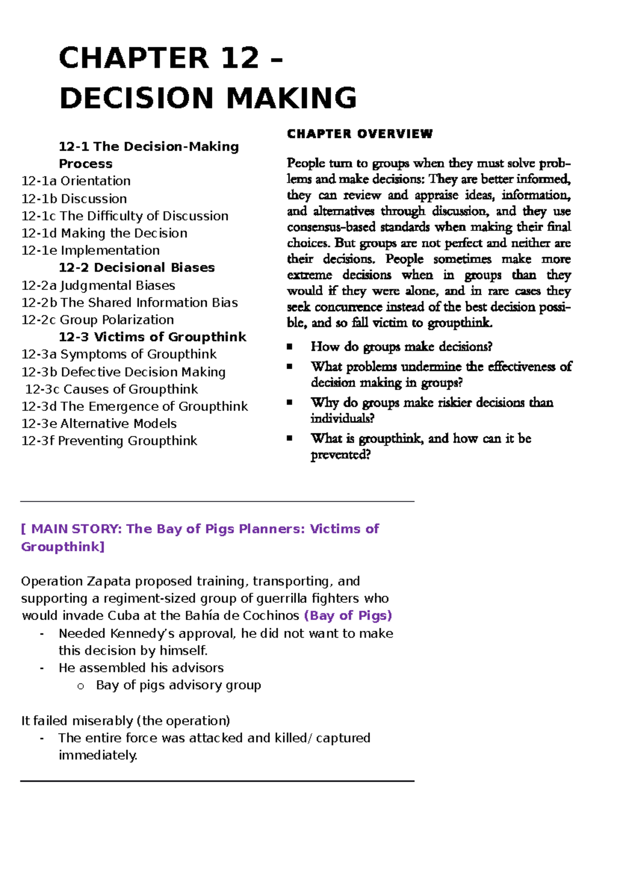 Ch 12 - Group Dynamics - CHAPTER 12 – DECISION MAKING 12-1 The Decision ...