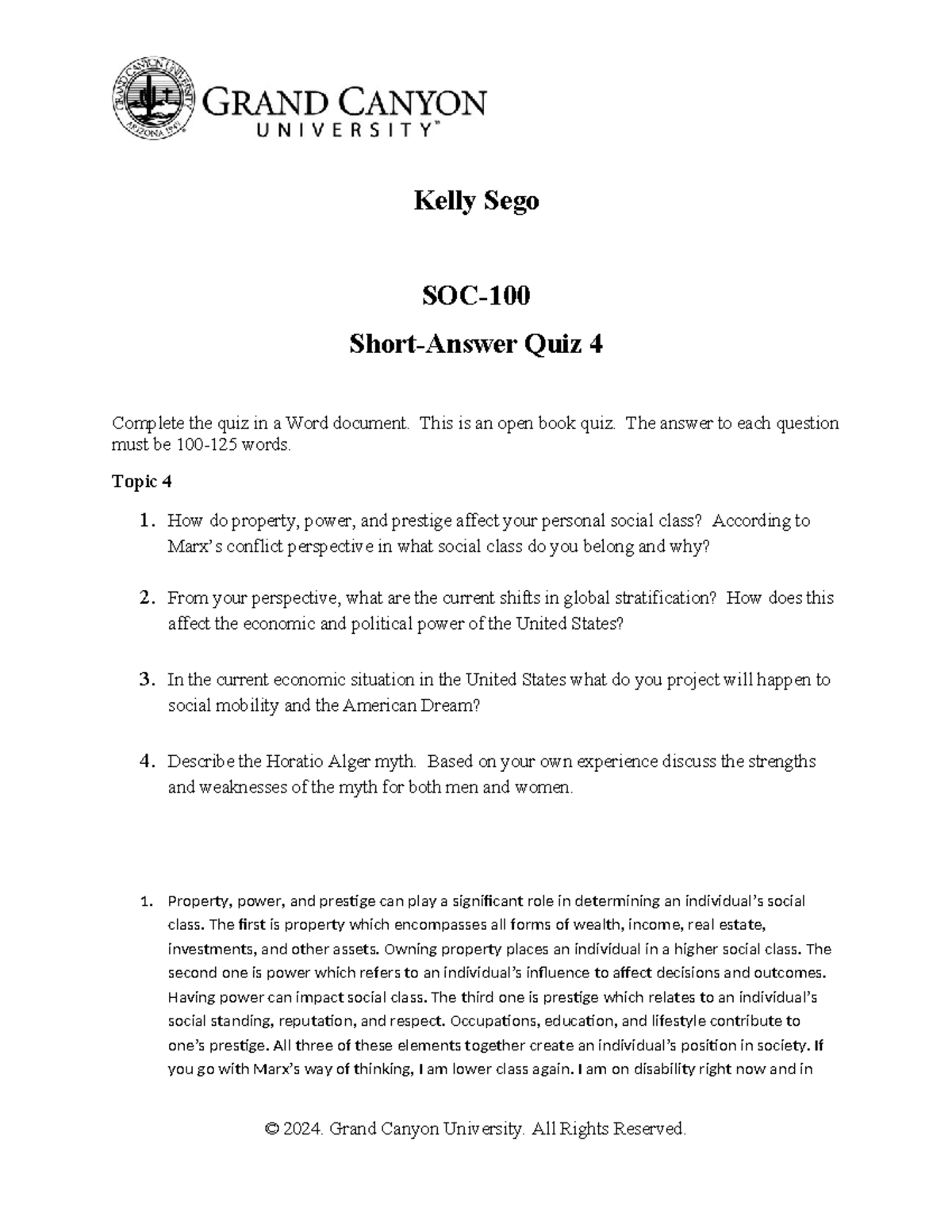 SOC-100.Short-Answer Quiz 4 1-8-18 - Kelly Sego SOC- Short-Answer Quiz ...