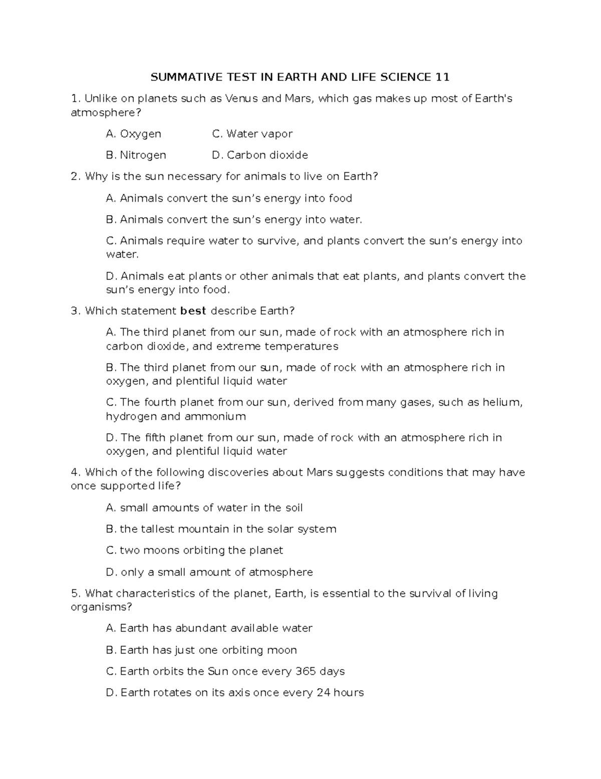 Summative Test in Earth and Life Science - SUMMATIVE TEST IN EARTH AND ...