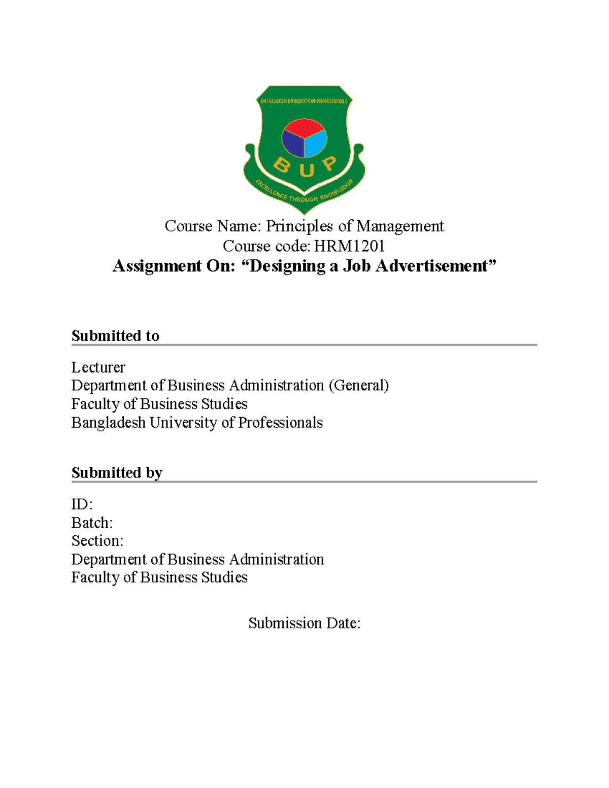 Mgt Assi - Assignment on Creating Job Advertisement - Course Name ...