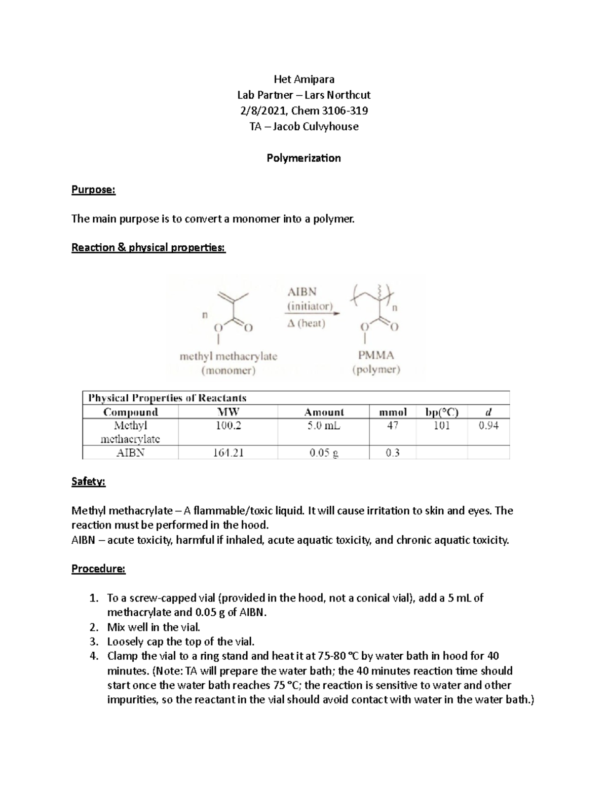 2lab report - Polymerization - Het Amipara Lab Partner – Lars Northcut ...