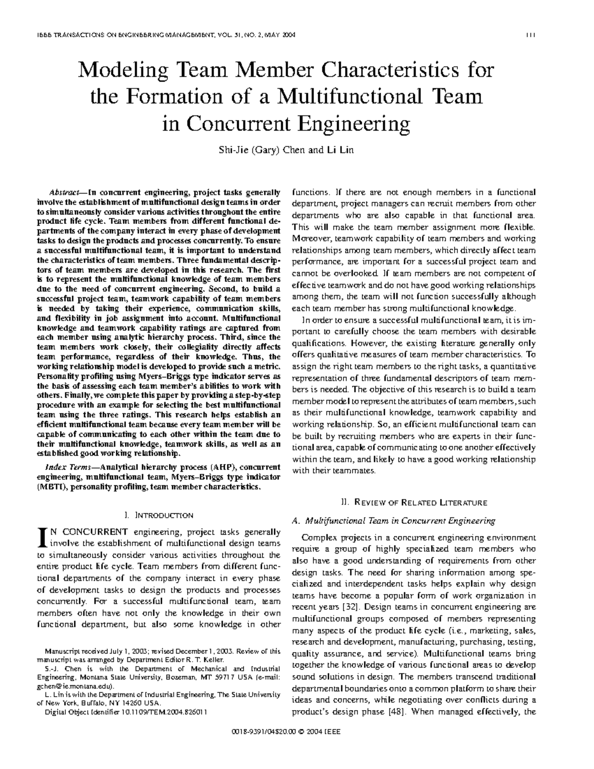 IEEEon EMTeam Member Model Paper-Chen2004 - IEEE TRANSACTIONS ON ...