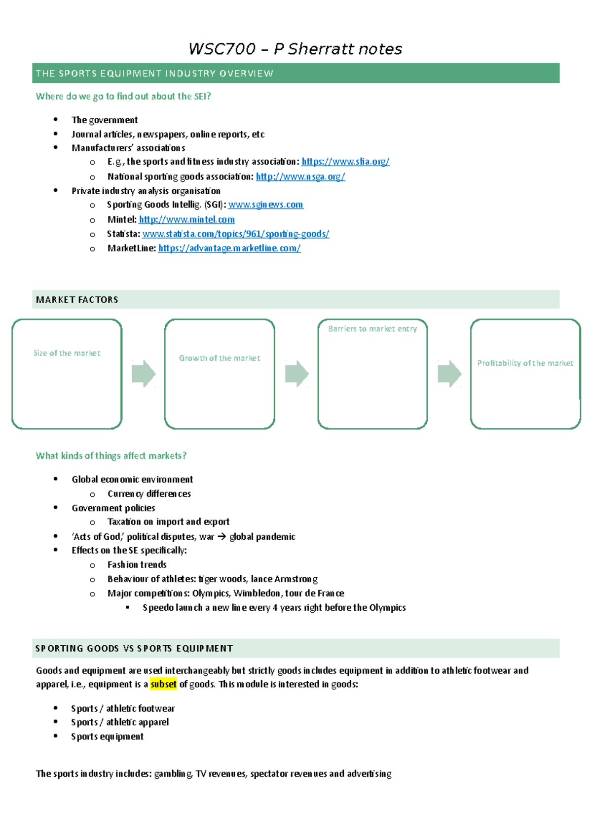 WSC700 P Sherratt notes - THE SPORTS EQUIPMENT INDUSTRY OVERVIEW Where ...