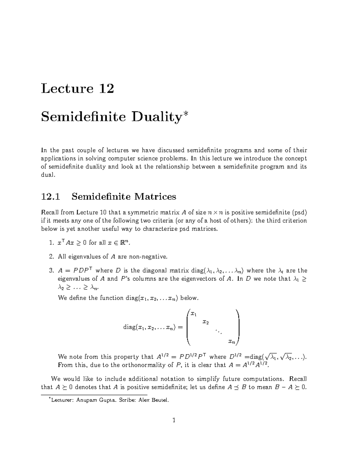 Lecture 12 Linear And Semidefinite Programming By Anupam Gupta And Ryan O Donnell Lecture