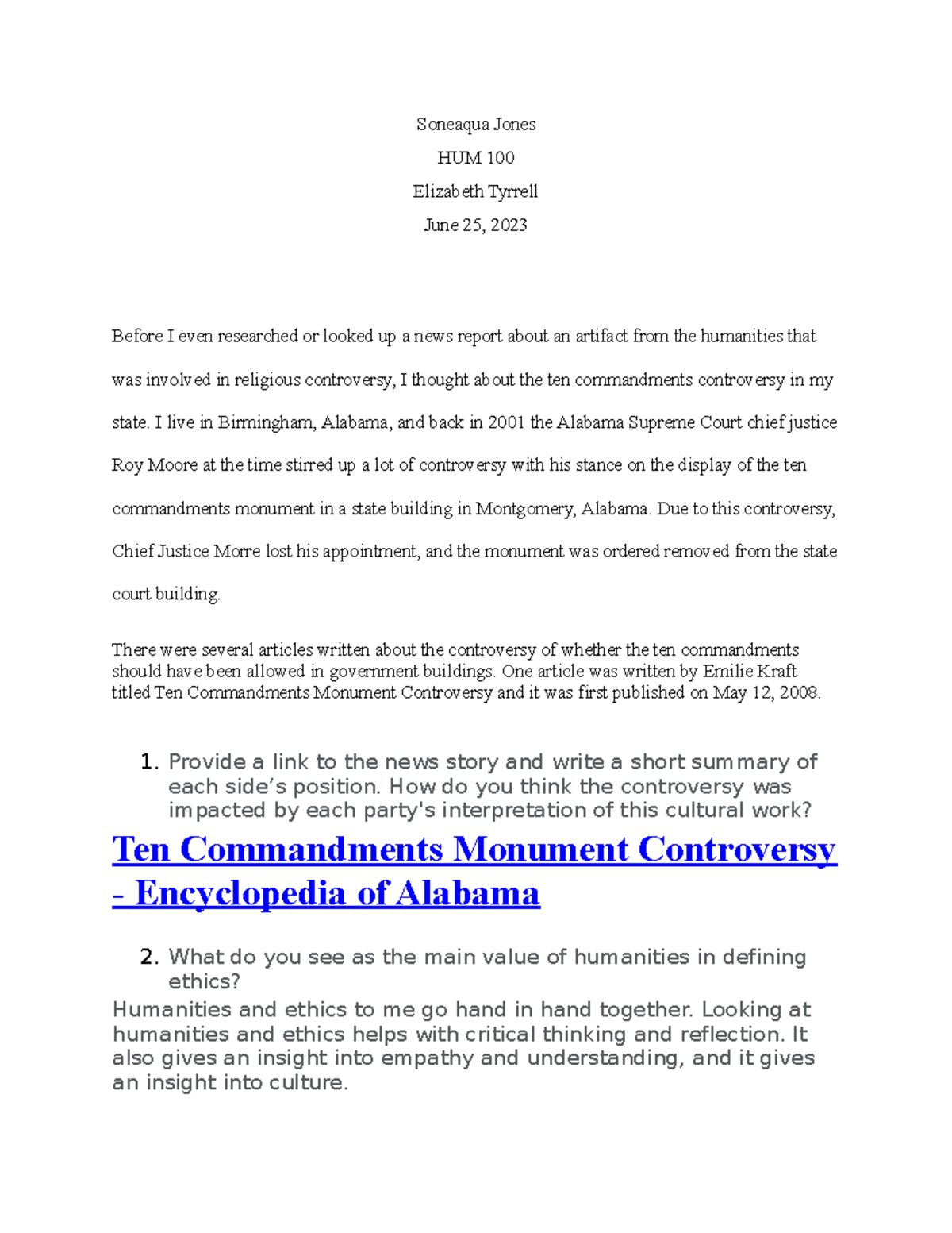 Hum mod8 shortanswer - Module 8 - Soneaqua Jones HUM 100 Elizabeth ...