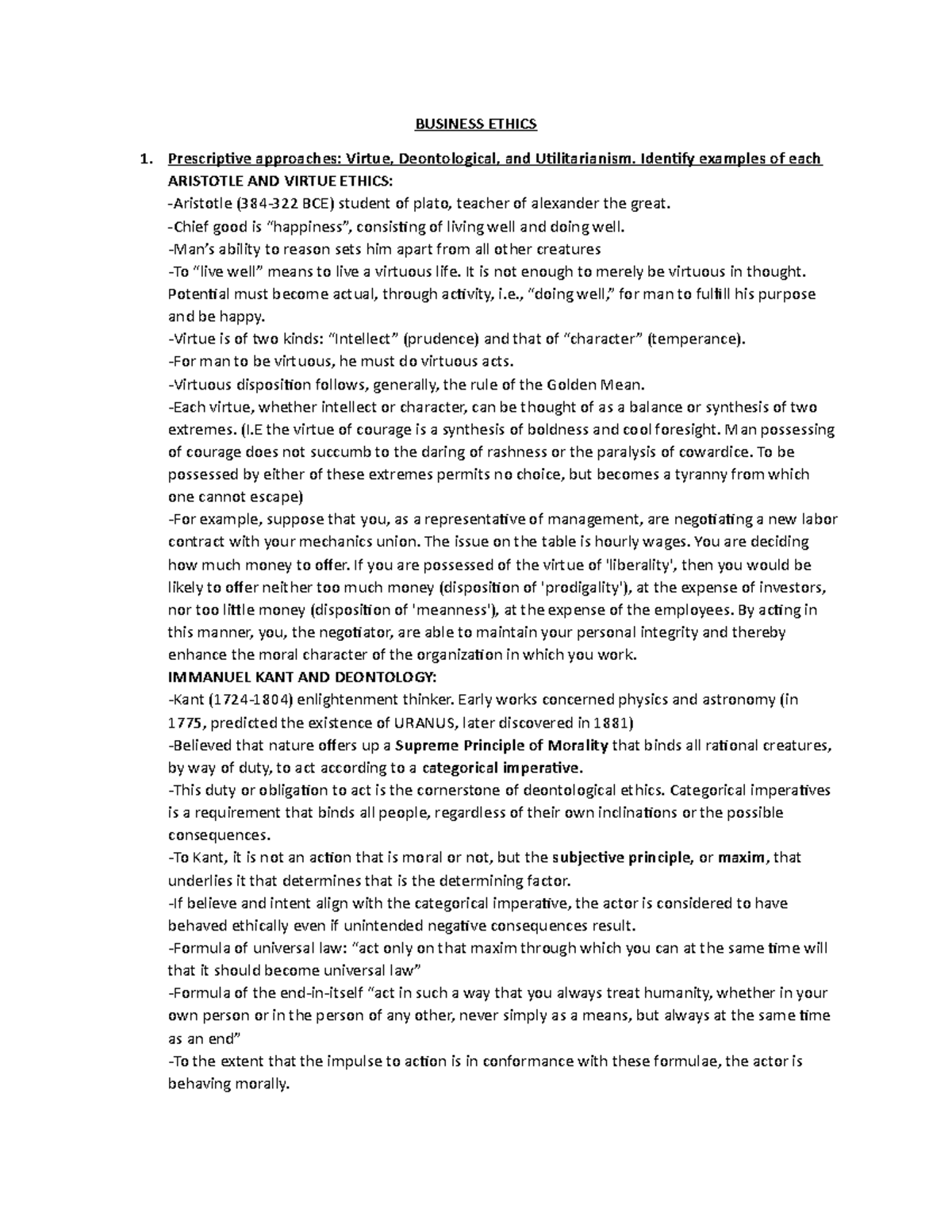 Ethical Study Guide - BUSINESS ETHICS Prescriptive approaches: Virtue ...