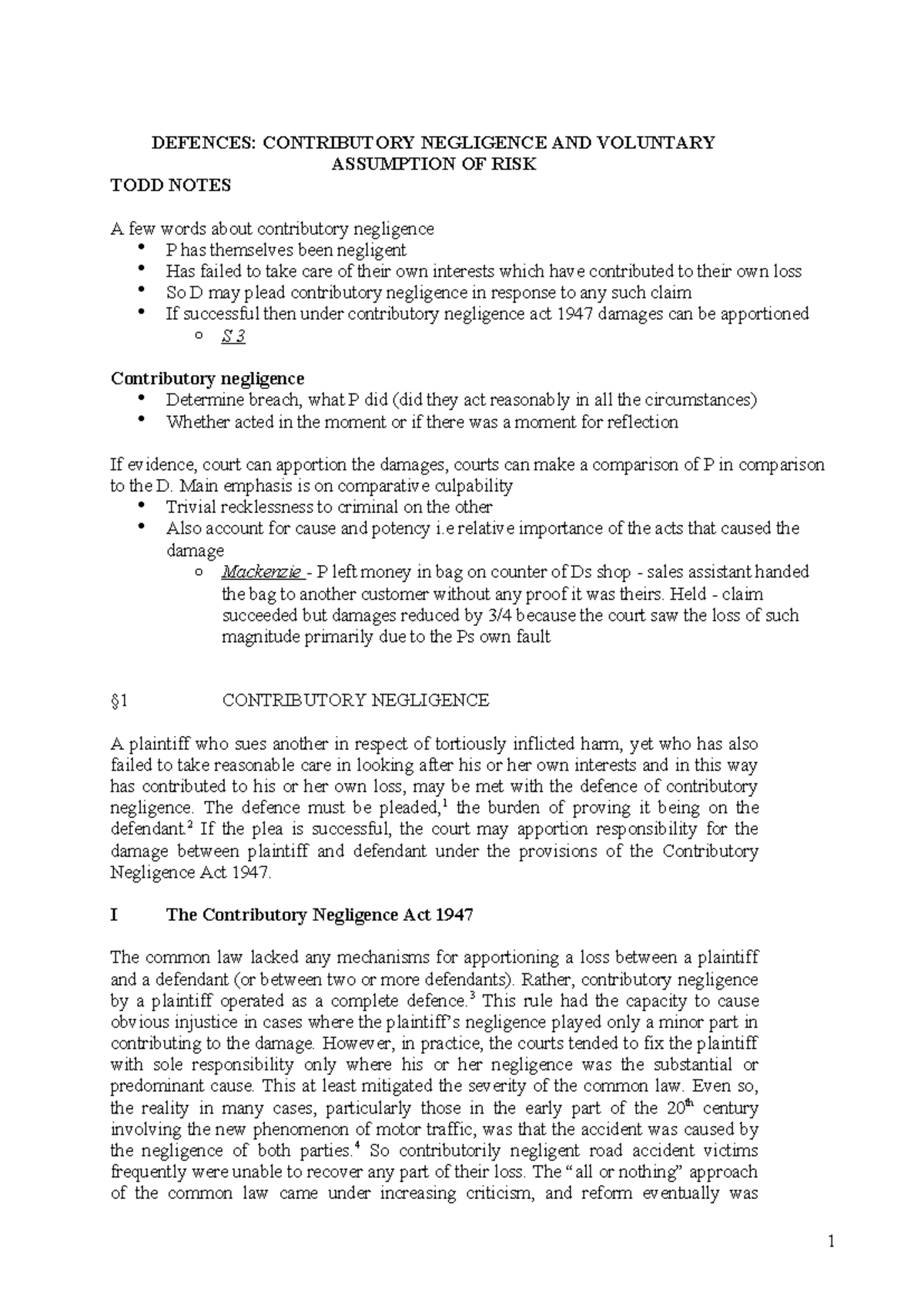 Defences handout - Summary Law of Torts - DEFENCES: CONTRIBUTORY ...
