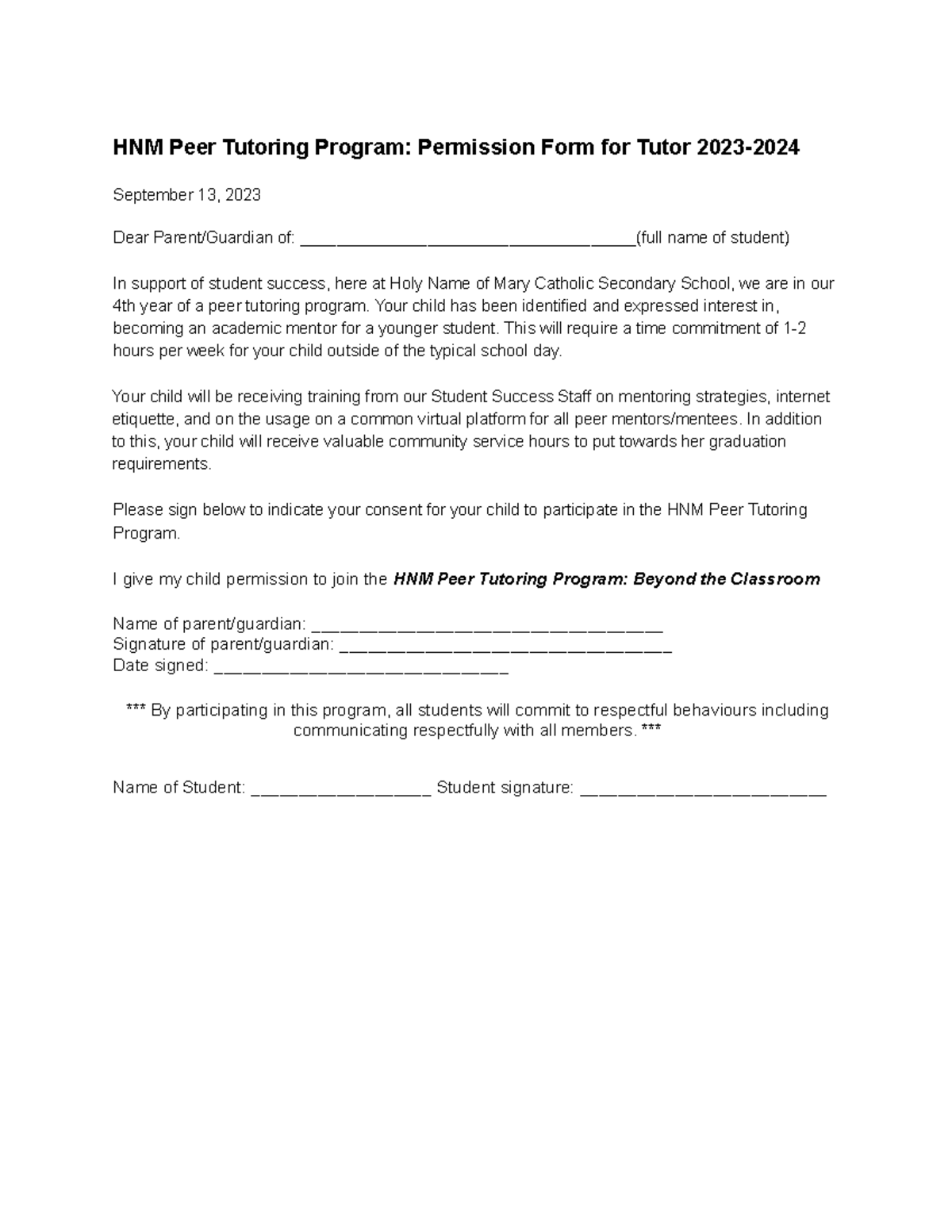 Peer Tutoring Program Permission Form for Tutor 2023-2024 - HNM Peer ...