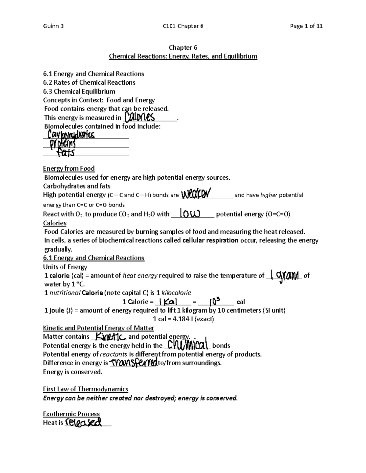 Chem Exam 3 Notes - Chapter 6 Chemical Reactions: Energy, Rates, and ...
