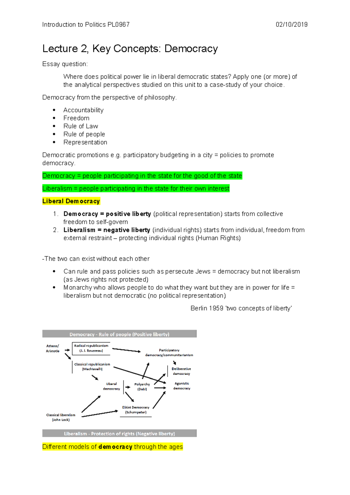 Lecture 2 Democracy - Lecture 2, Key Concepts: Democracy Essay question ...