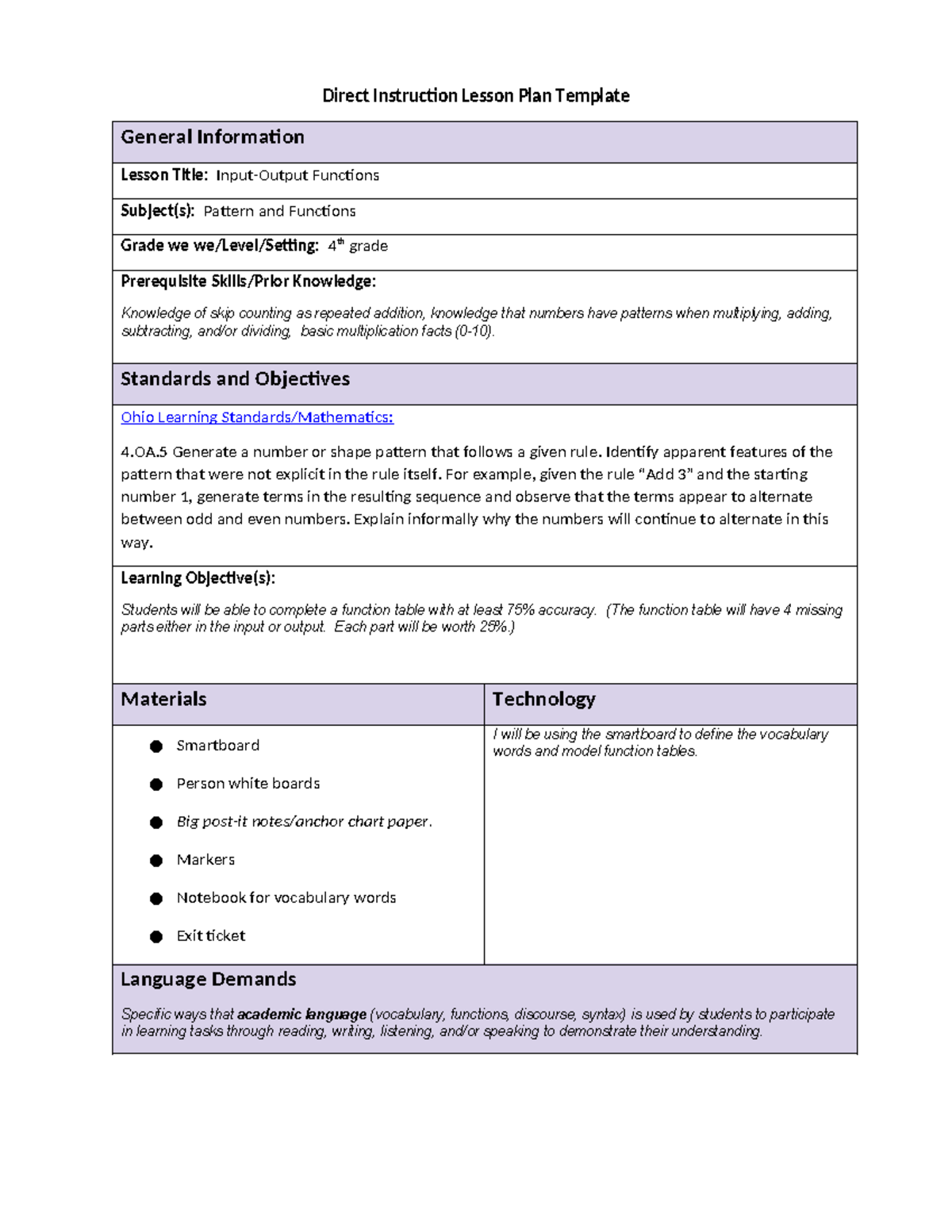 Task 2 Lesson Plan - Direct Instruction Lesson Plan Template General ...