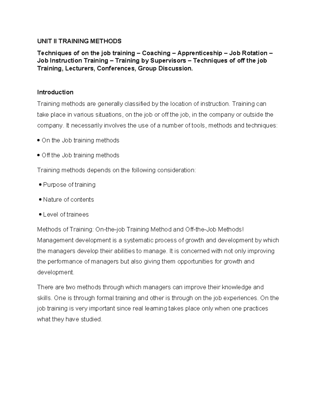 UNIT II- Training & Development - UNIT II TRAINING METHODS Techniques ...