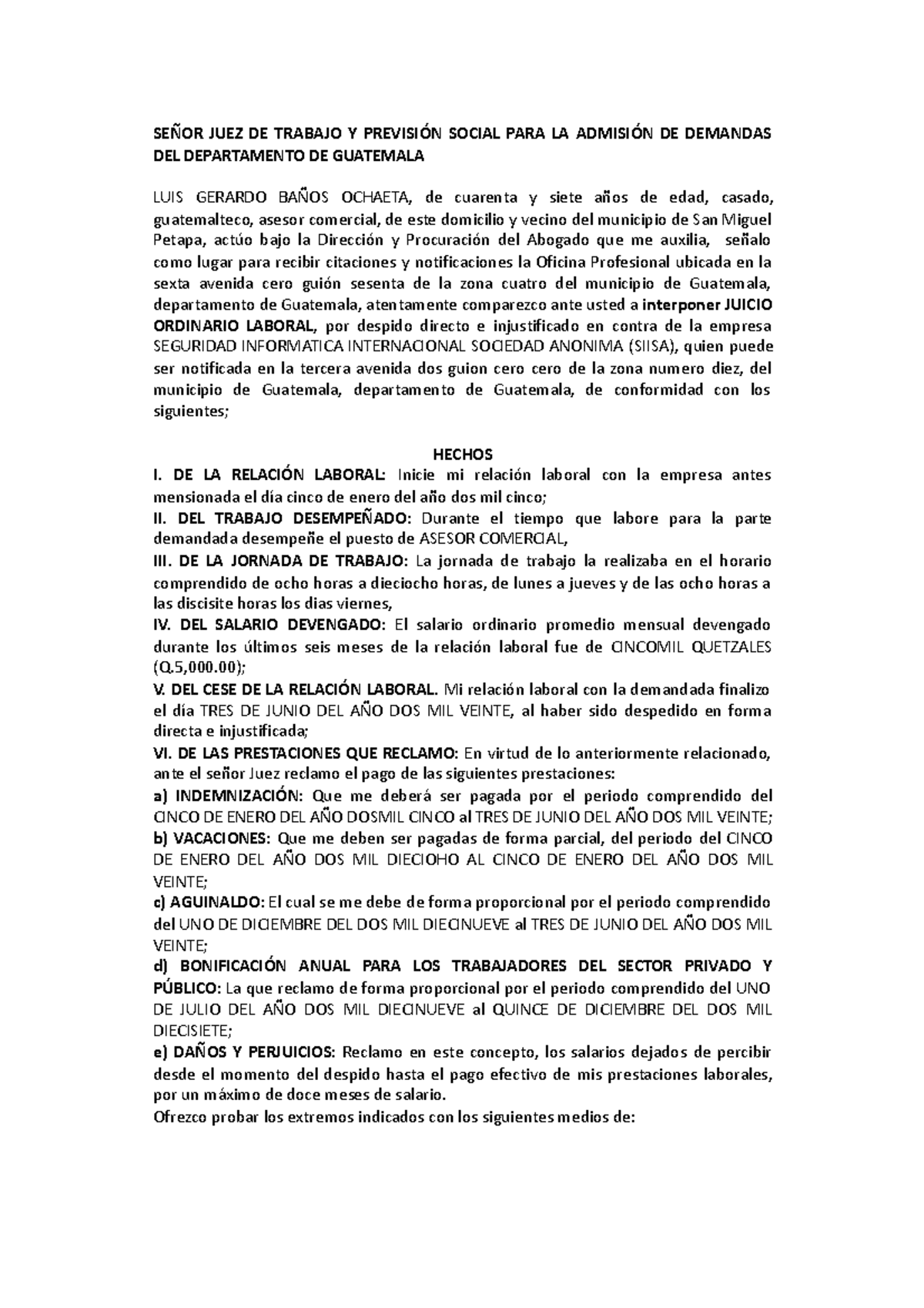 8. Demanda POR Despido Directo - SEÑOR JUEZ DE TRABAJO Y PREVISIÓN ...