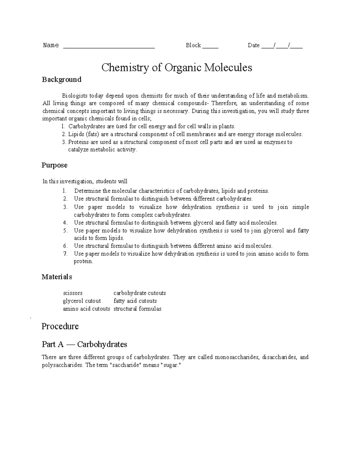 Chemistry of Organic Molecules - Name ...