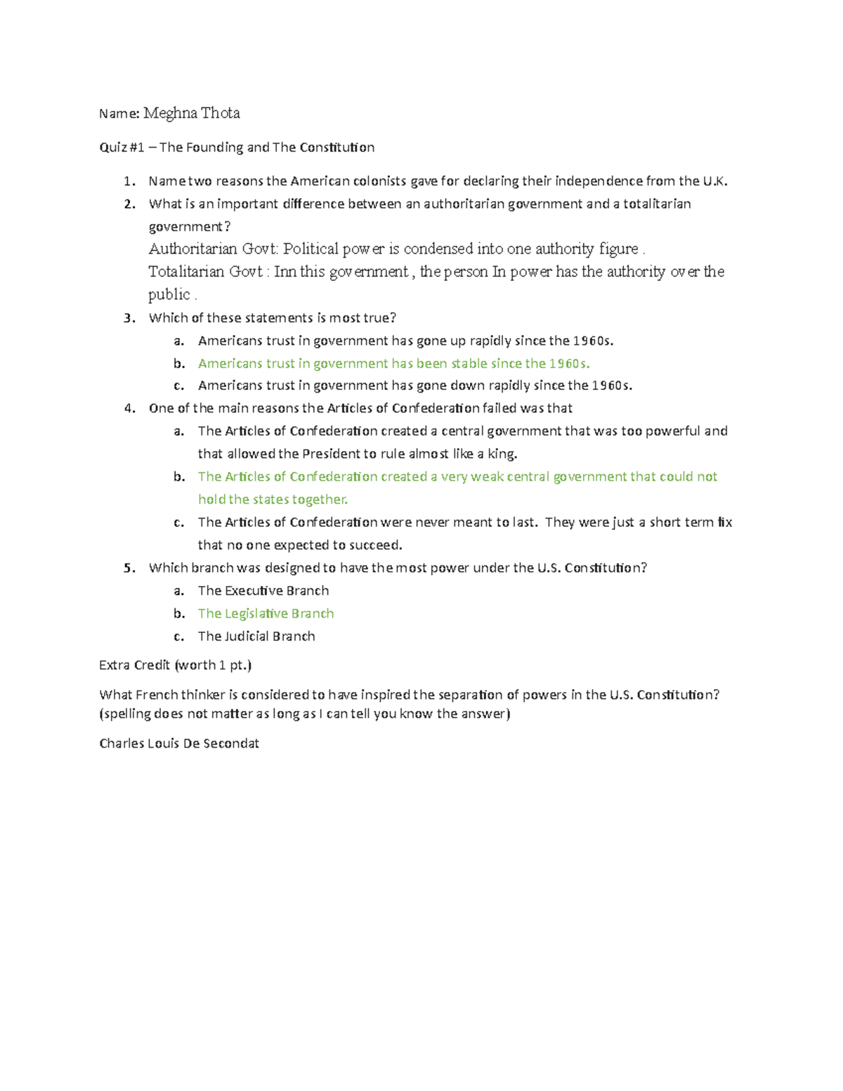 QUIZ - Intro to political science take-home quiz - Name: Meghna Thota ...