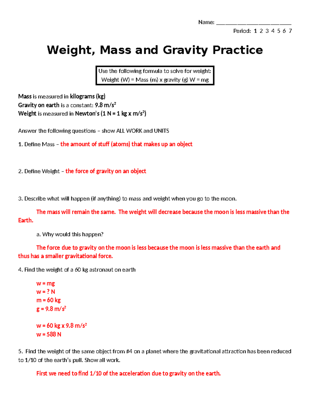 Weight mass gravity practice answers - Name ...