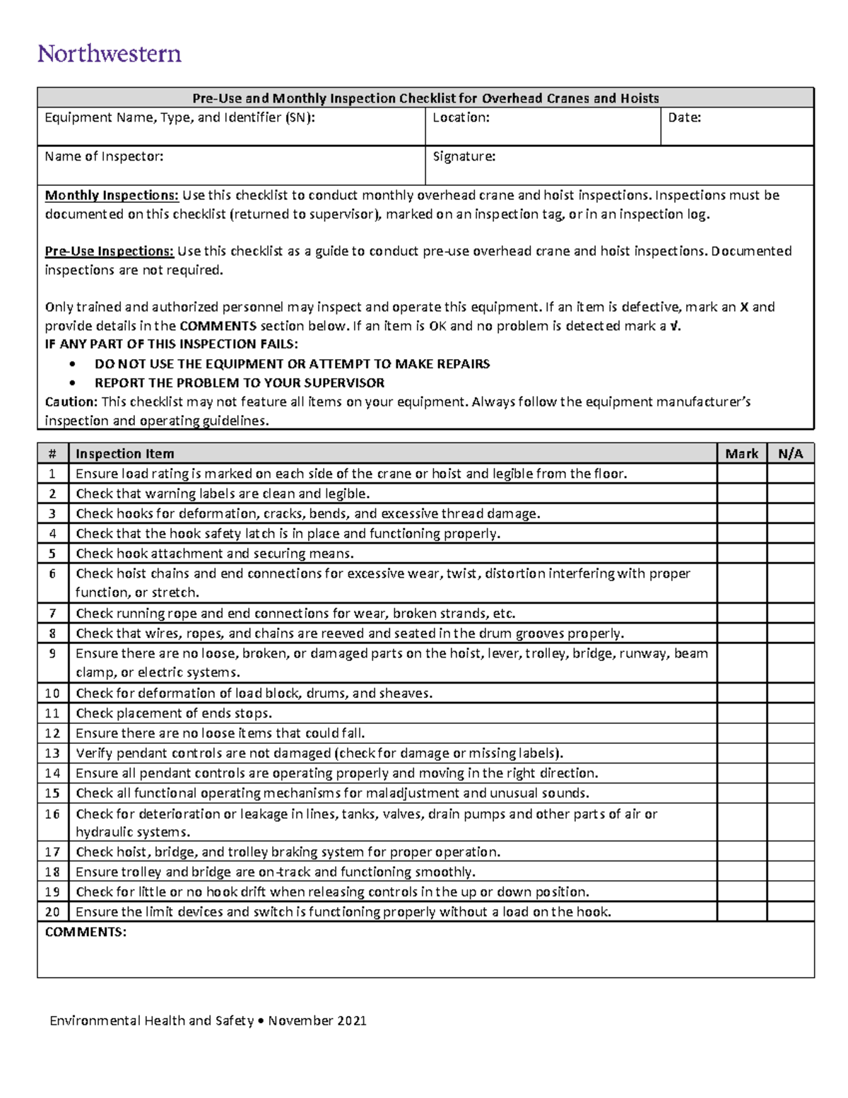 Pre use and monthly inspection checklist for overhead cranes and hoists ...