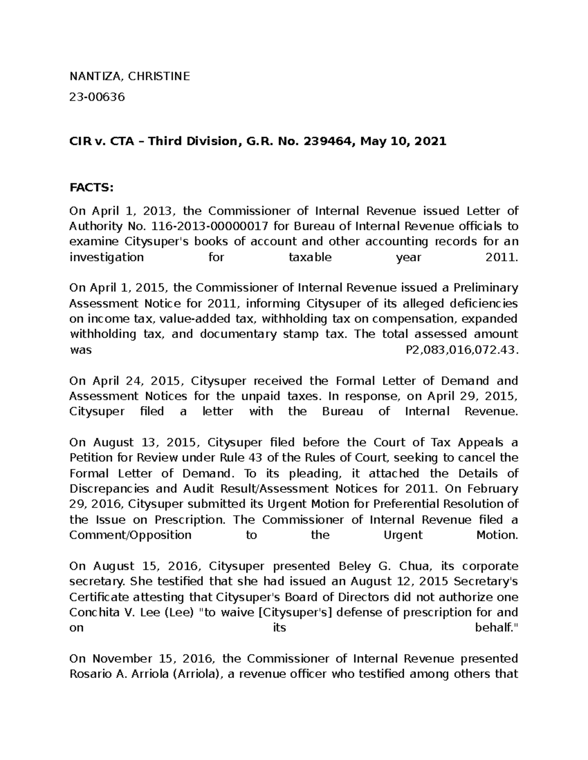 CIR v. CTA Third Division GR No 239464 May 10 2021 - NANTIZA, CHRISTINE ...