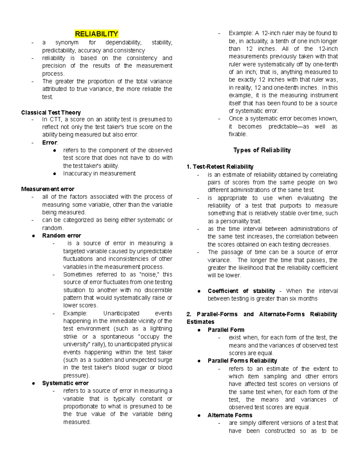 Prelims to Finals Reviewer in Psych Assessment - RELIABILITY a synonym ...