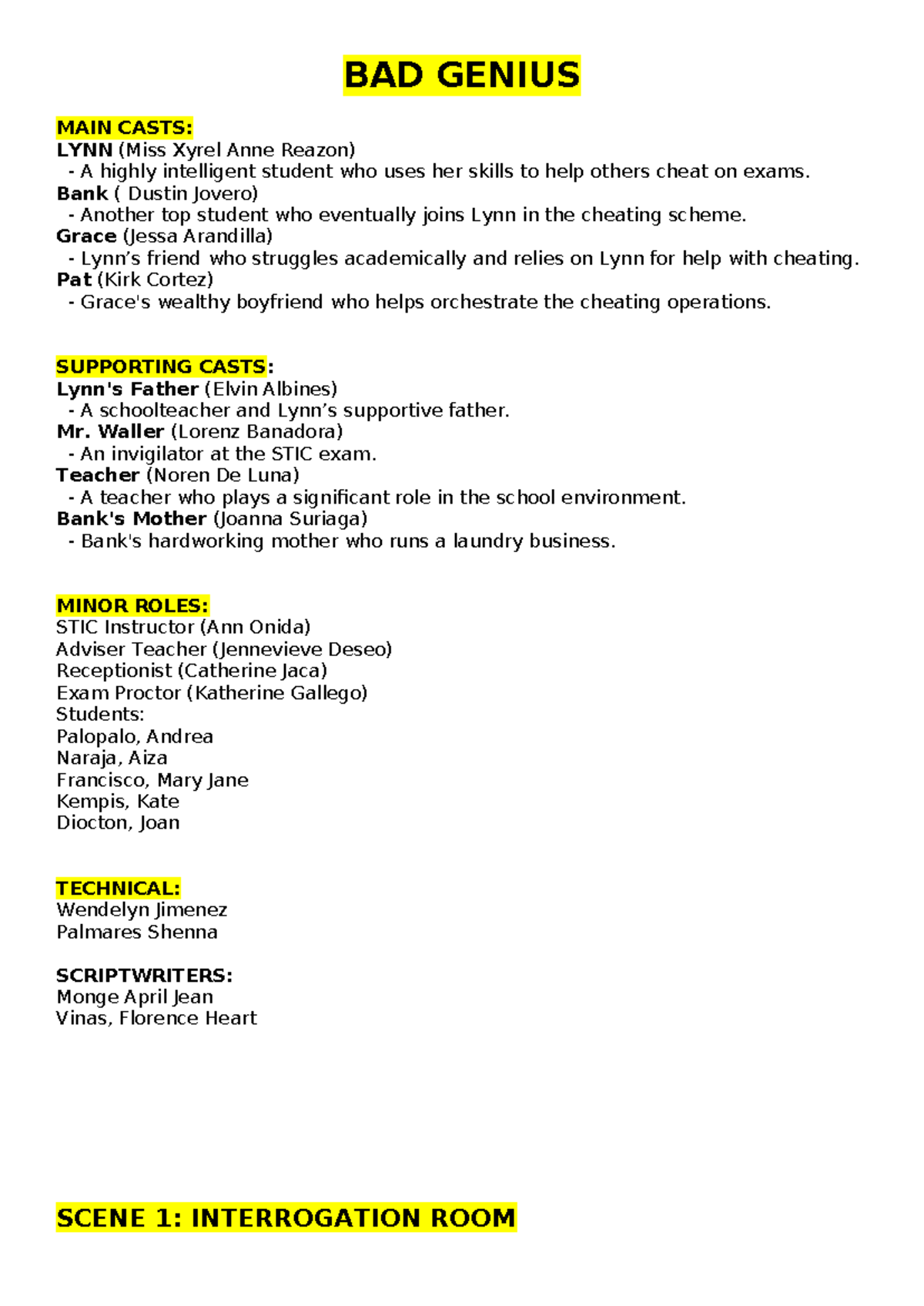 BAD Genius Script Huhuhu - BAD GENIUS MAIN CASTS: LYNN (Miss Xyrel Anne Reazon) - A highly - Studocu
