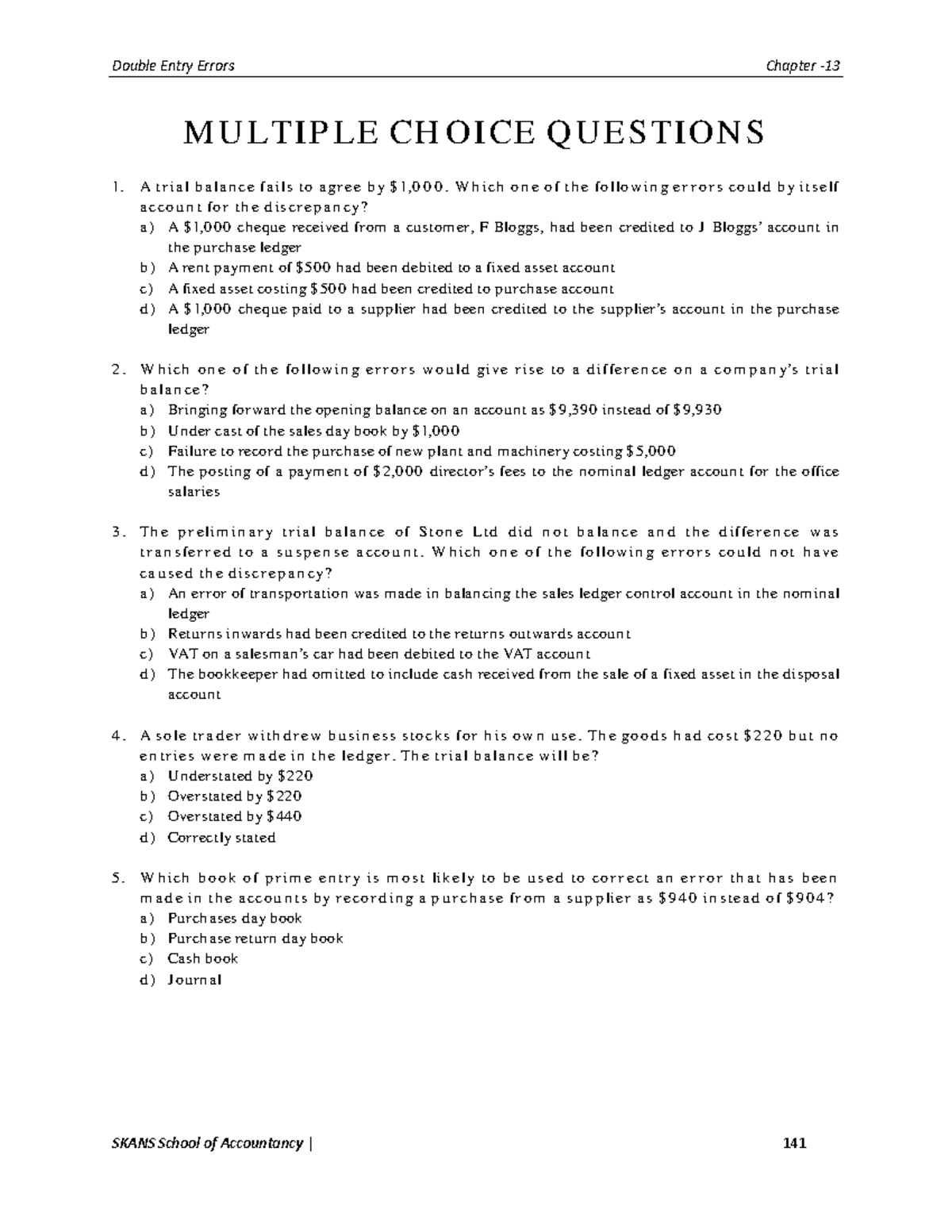 FA1- Errors - Practice - MULTIPLE CHOICE QUESTIONS A trial balance ...
