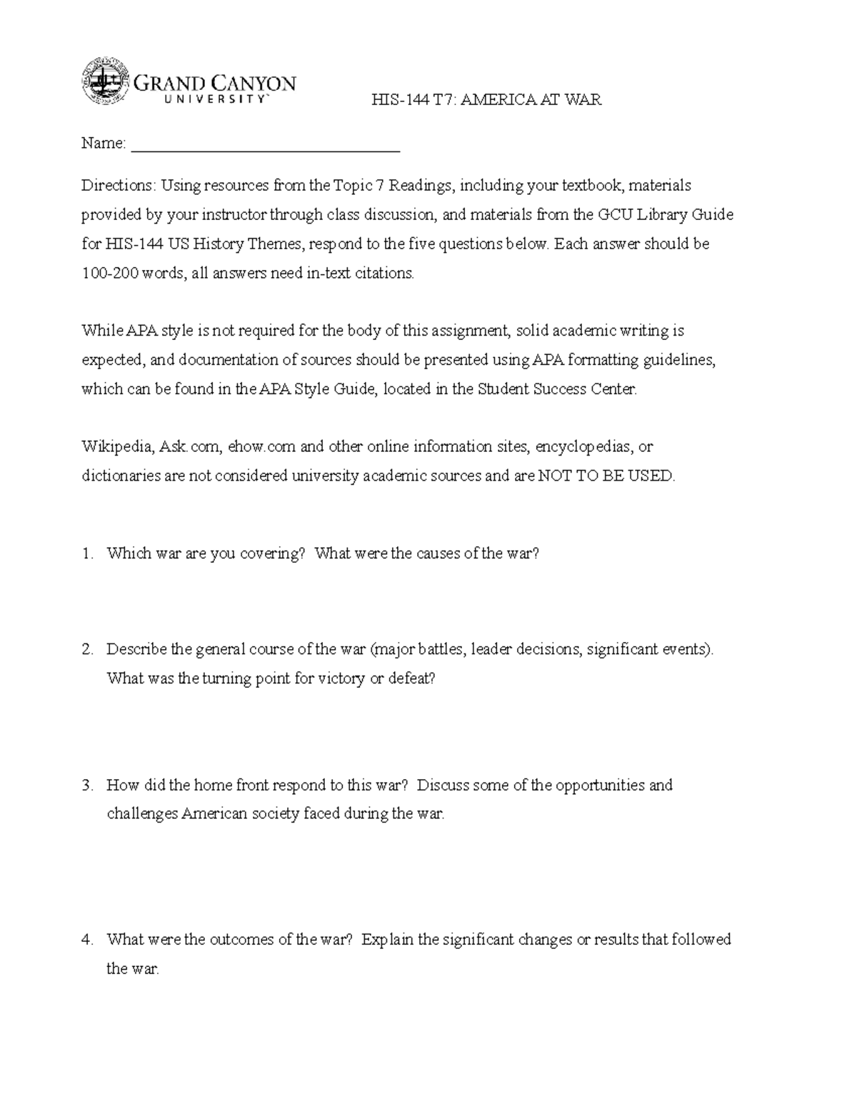 Revised week 7 assignment - HIS-144 T7: AMERICA AT WAR Name