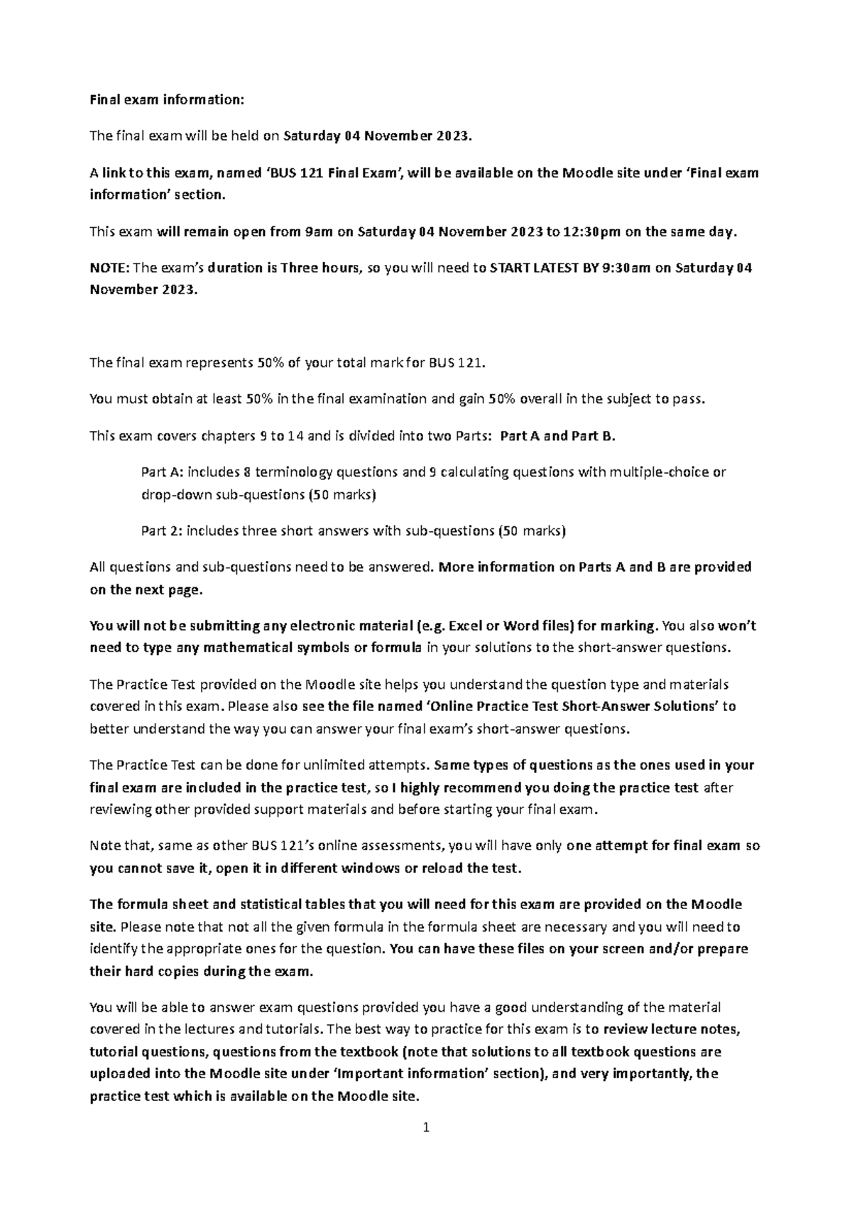 BUS 121 Final exam information Spring 2023 - Final exam information ...