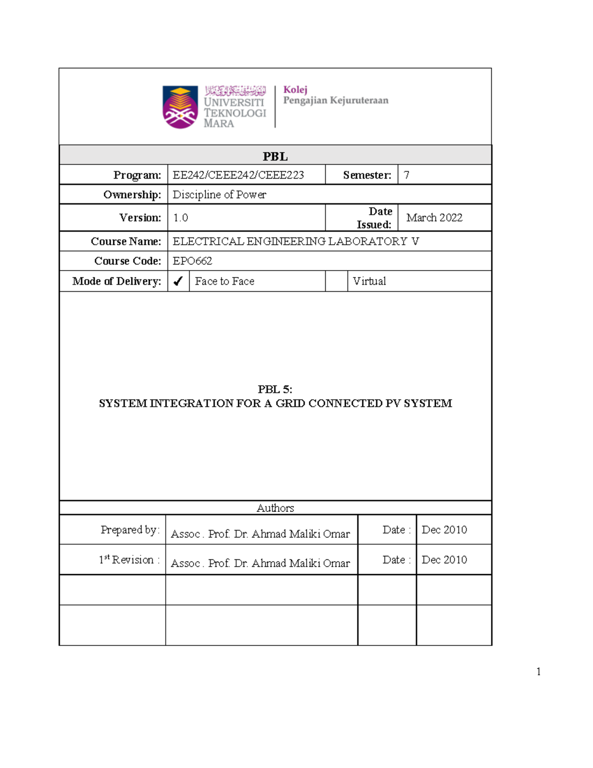 PBL 5 - PBL Program: EE24 2 /CEEE24 2 /CEEE22 3 Semester: 7 Ownership ...