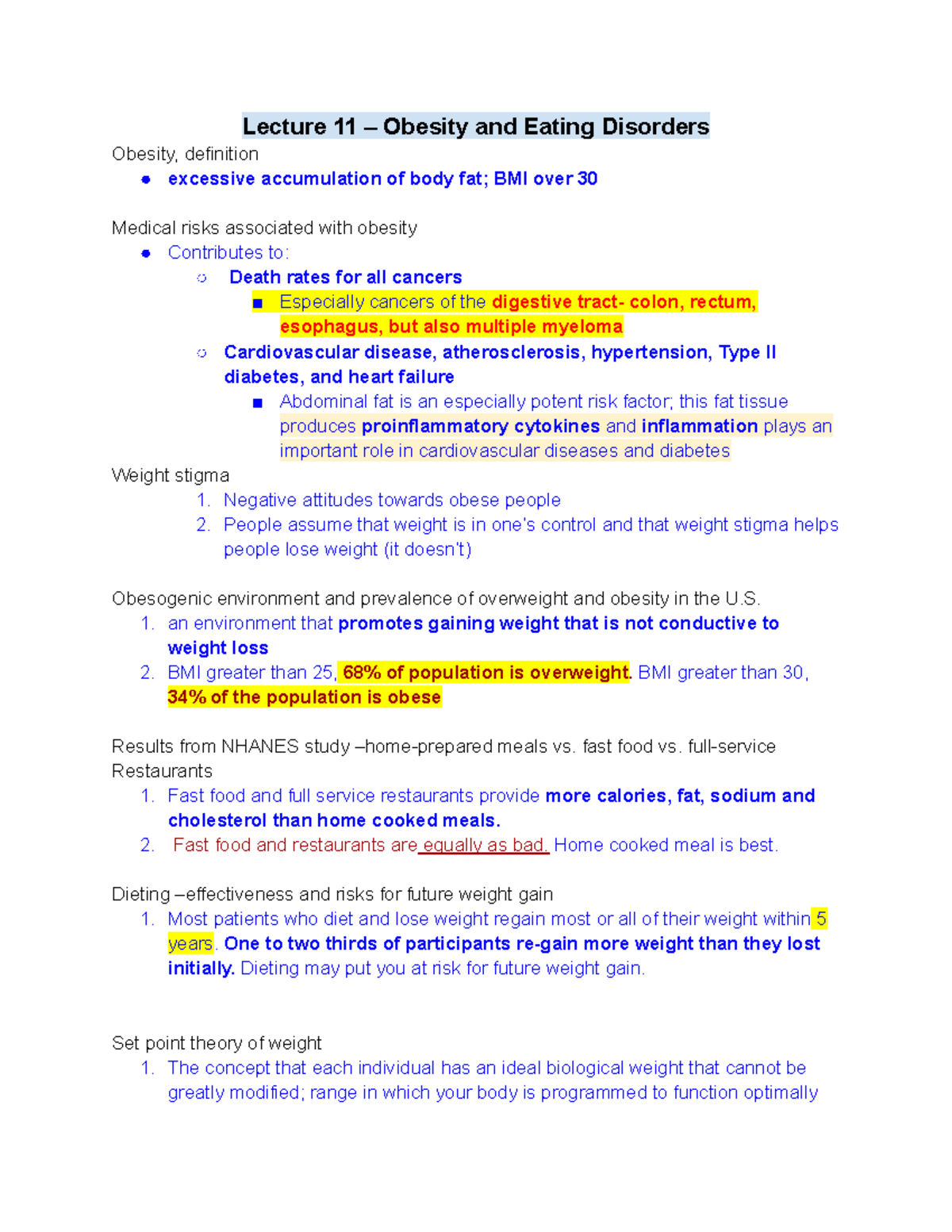 PSC 126 Notes (Lecture 11) - Lecture 11 – Obesity and Eating Disorders ...