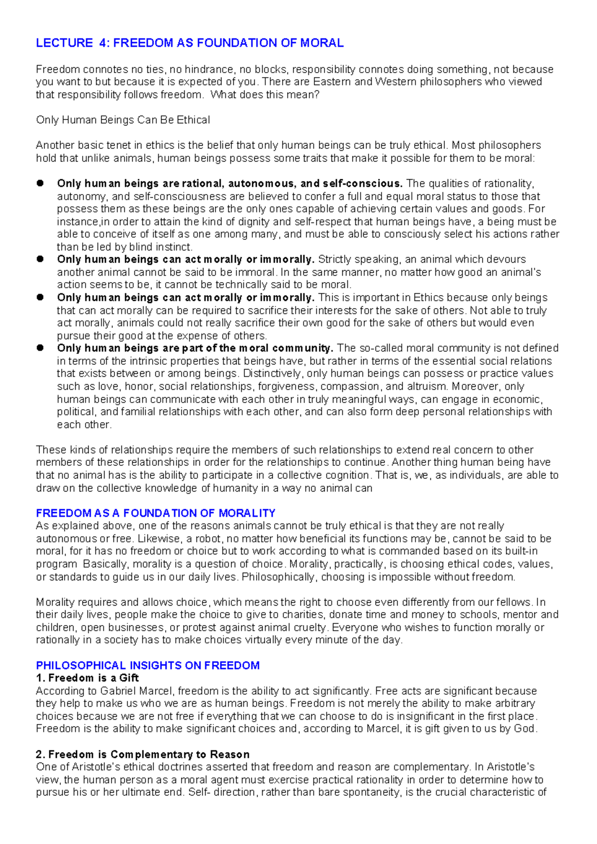 Ethics Freedom as foundation of moral - LECTURE 4: FREEDOM AS ...