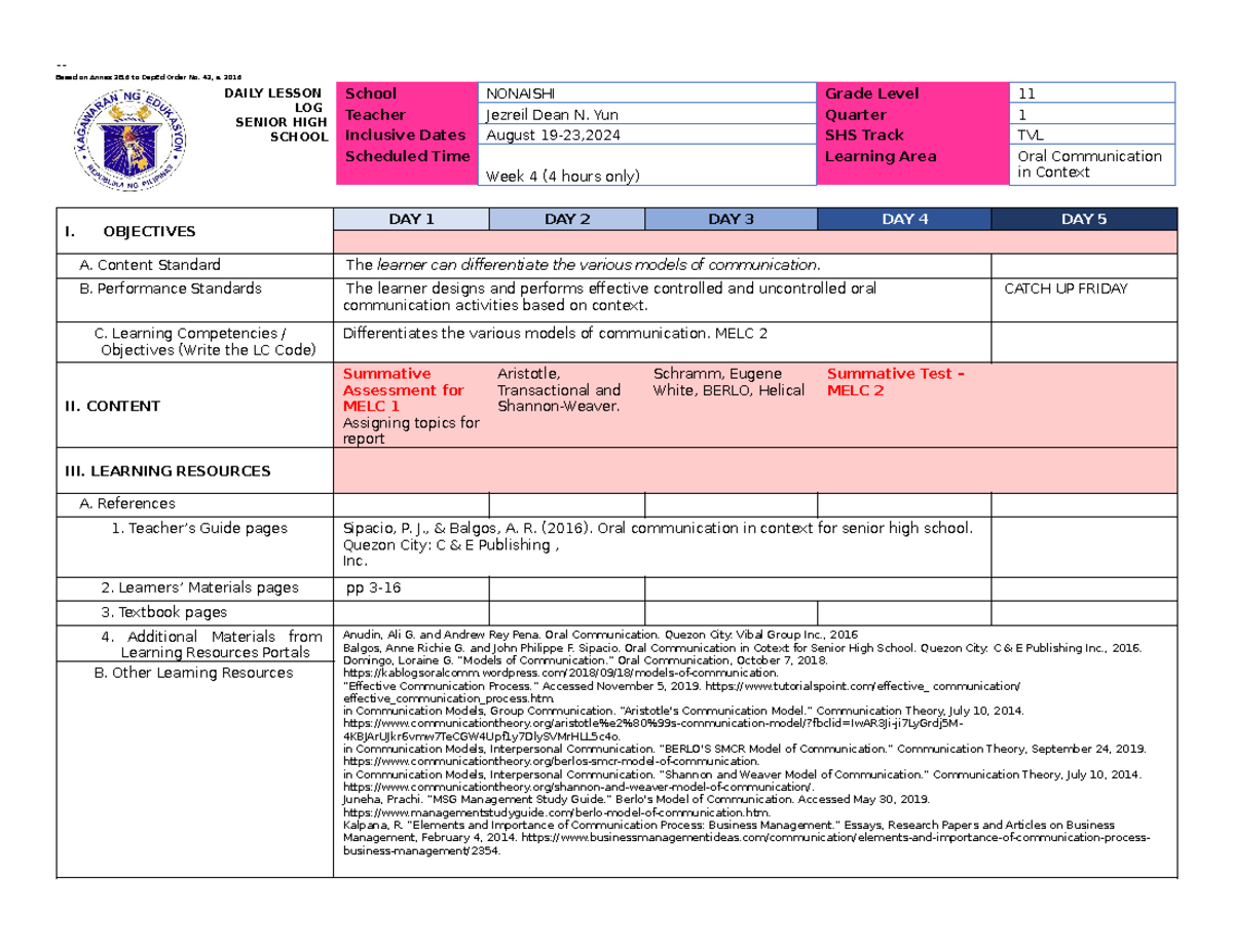 DLL- Module 2- Models OF Communication - Based on Annex 2B to DepEd ...