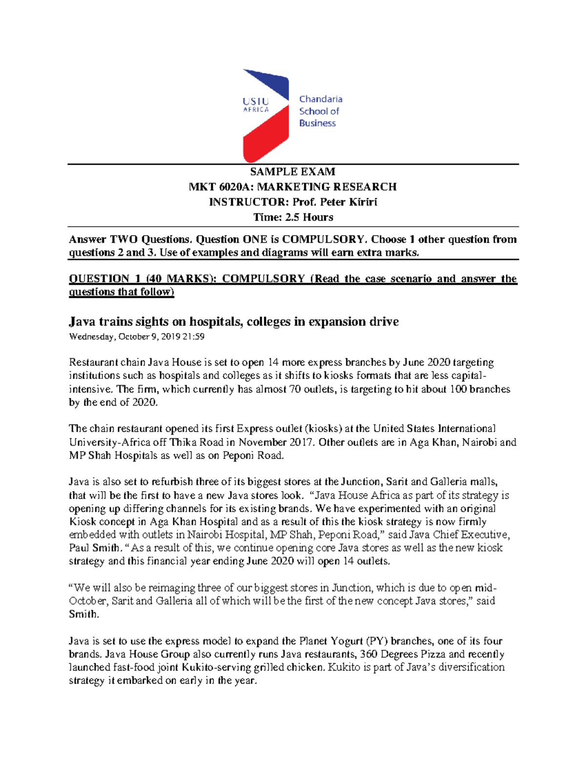MKT 6020A Sample EXAM - marketing - USIU Africa - Studocu