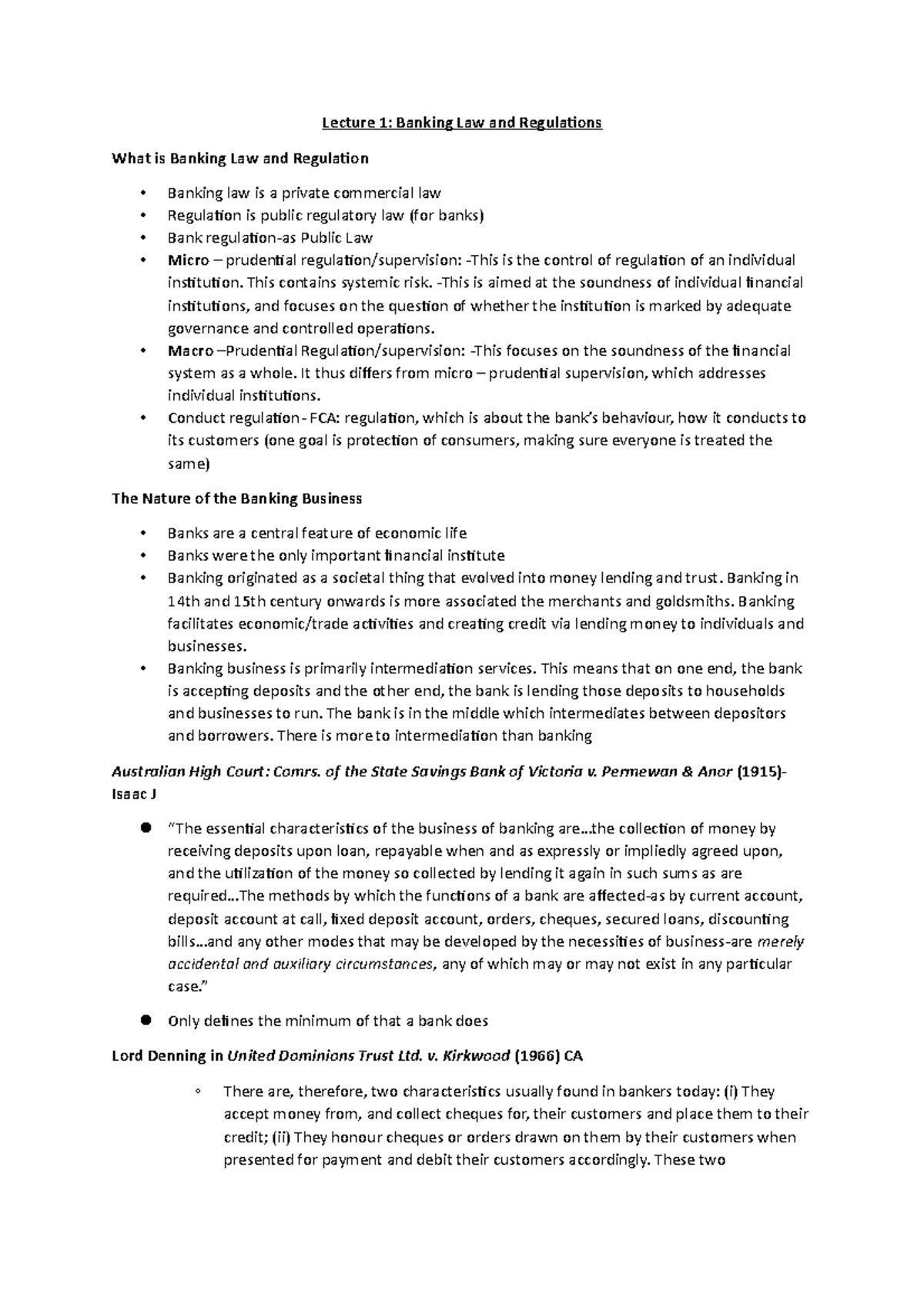 Banking LAW - Summarised lecture notes - Lecture 1: Banking Law and ...