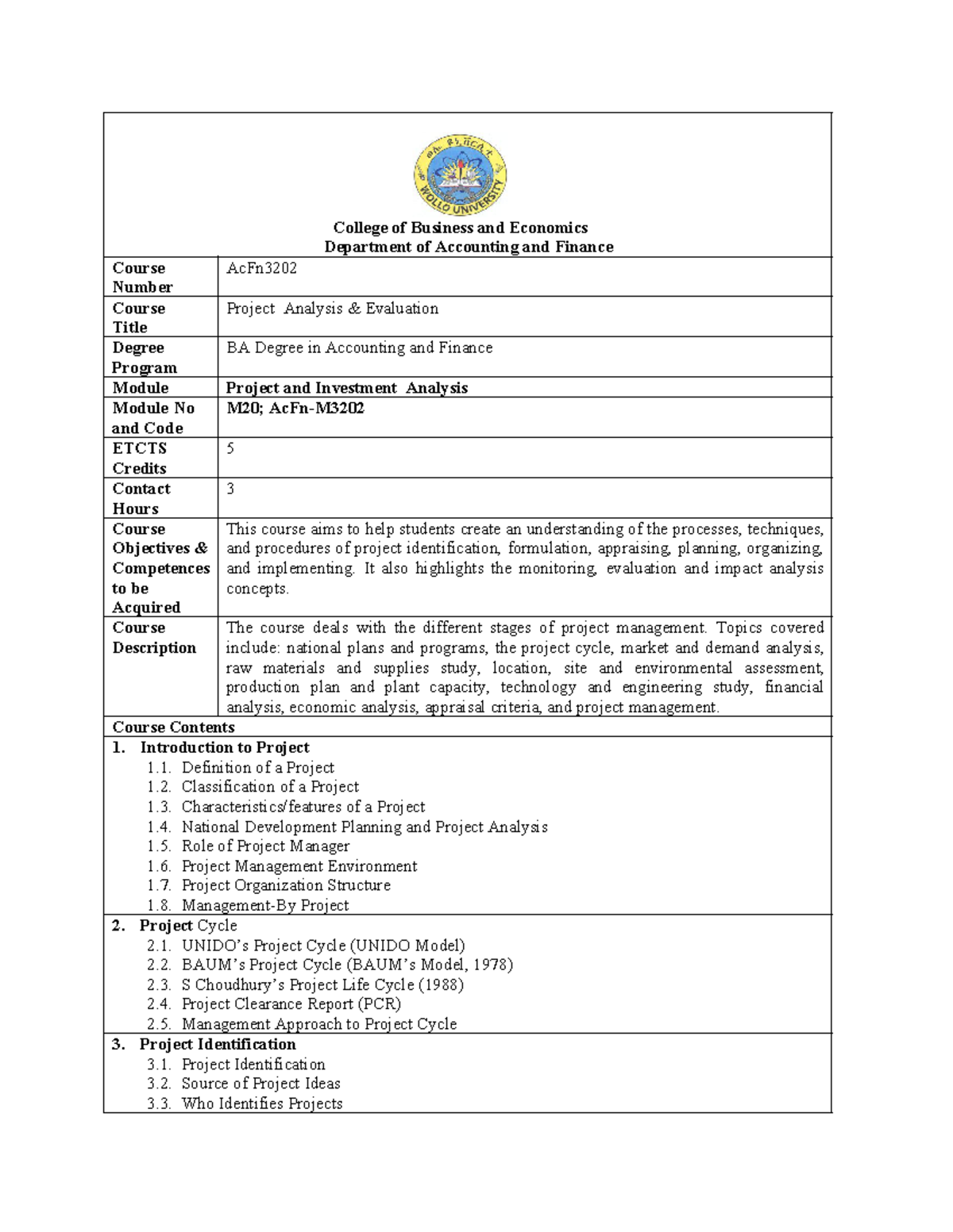 Course outline 330412364 Project Analysis & Evaluation - College of ...