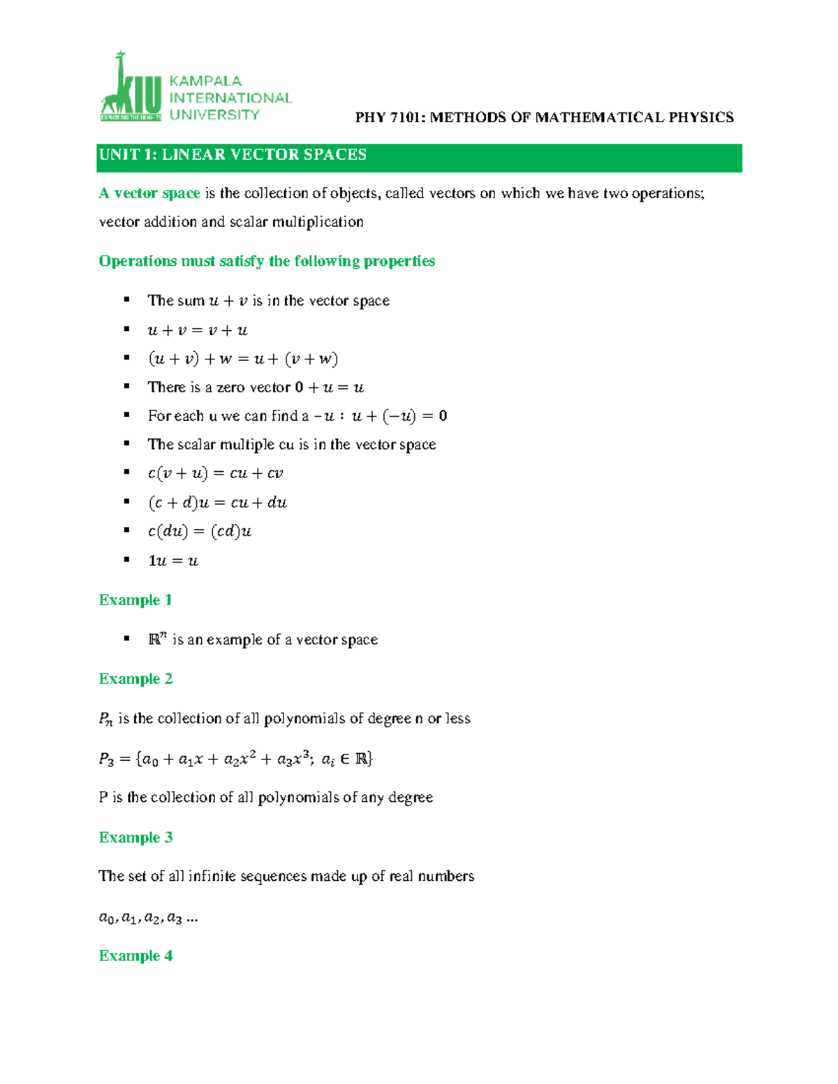 Unit 1 Vector Spaces Unit 1 Linear Vector Spaces A Vector Space Is