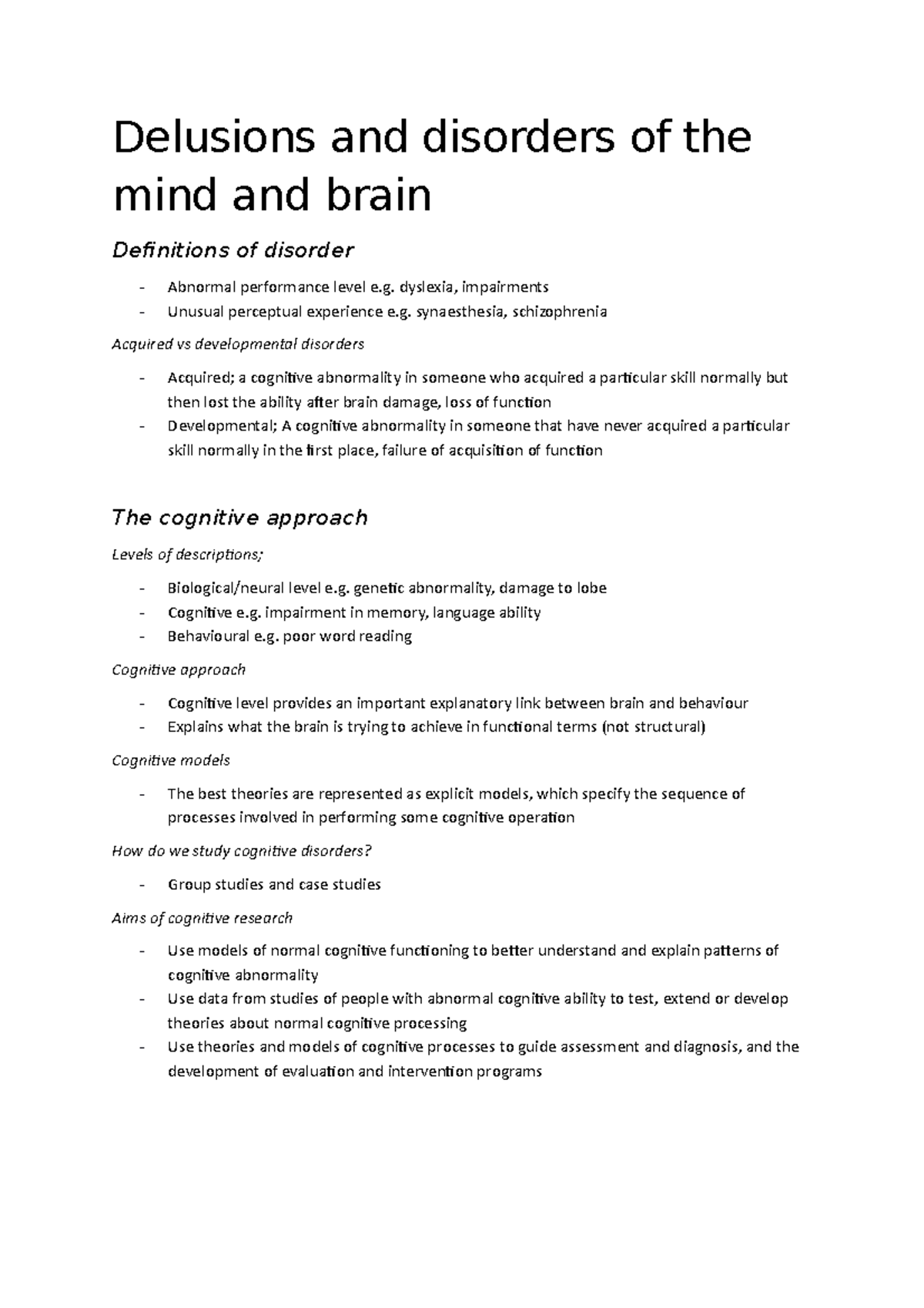 COGS101 - Delusions and Disorders of the Mind and Brain - Delusions and ...