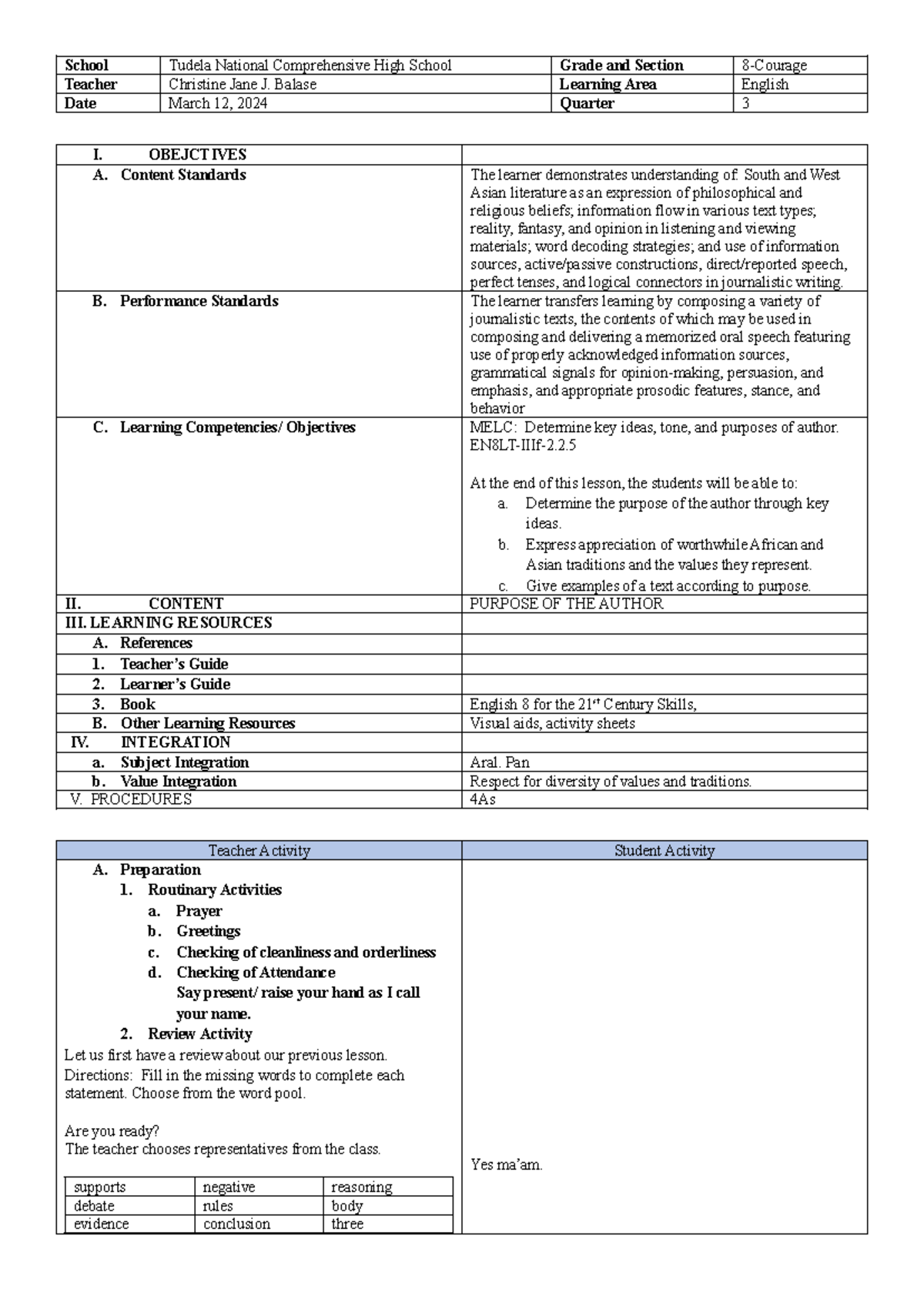 Final lesson plan english 8- Walkthrough March 12^J 2024 - School ...