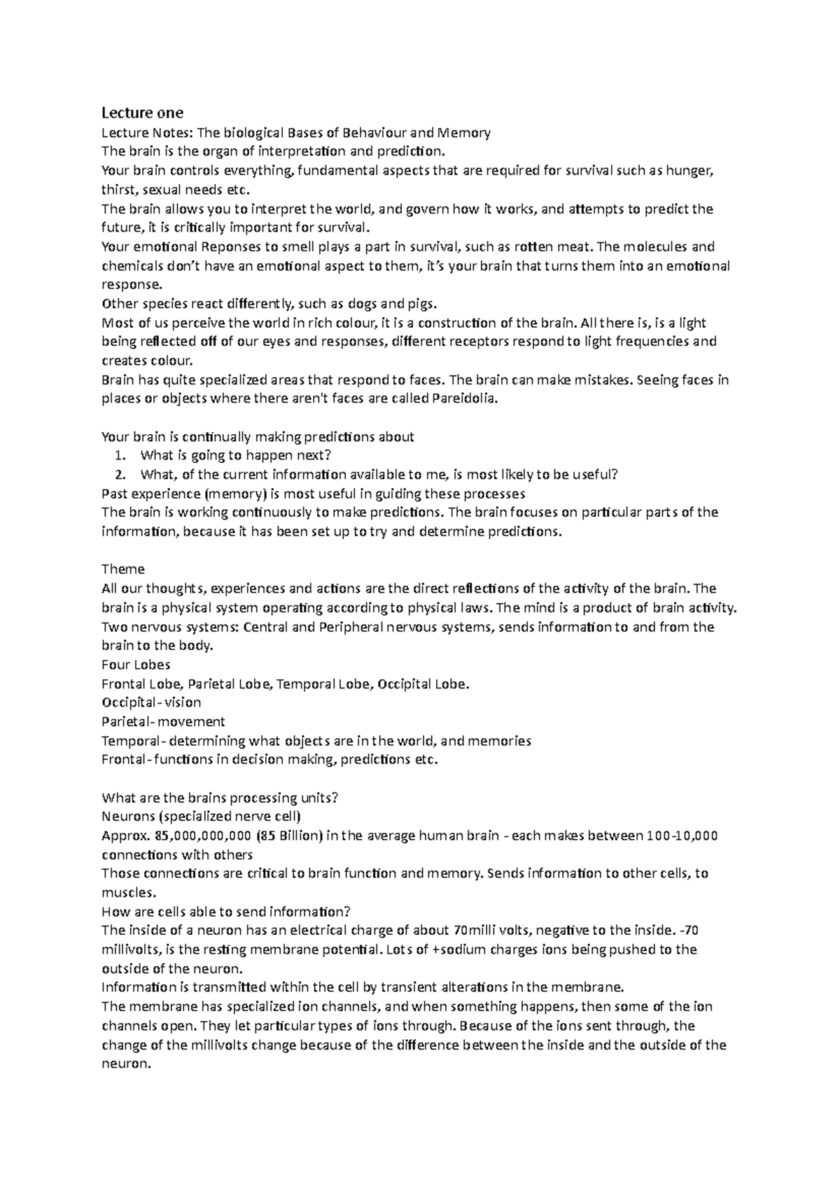 Psyc111 Notes Lecture One Lecture Notes The Biological Bases Of Behaviour And Memory The