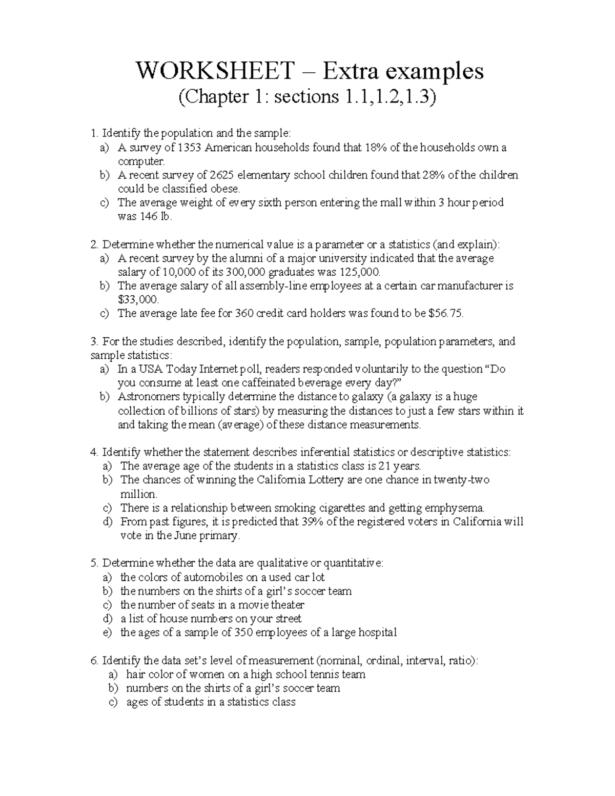Notes - Practice questions for statistics - WORKSHEET – Extra examples ...