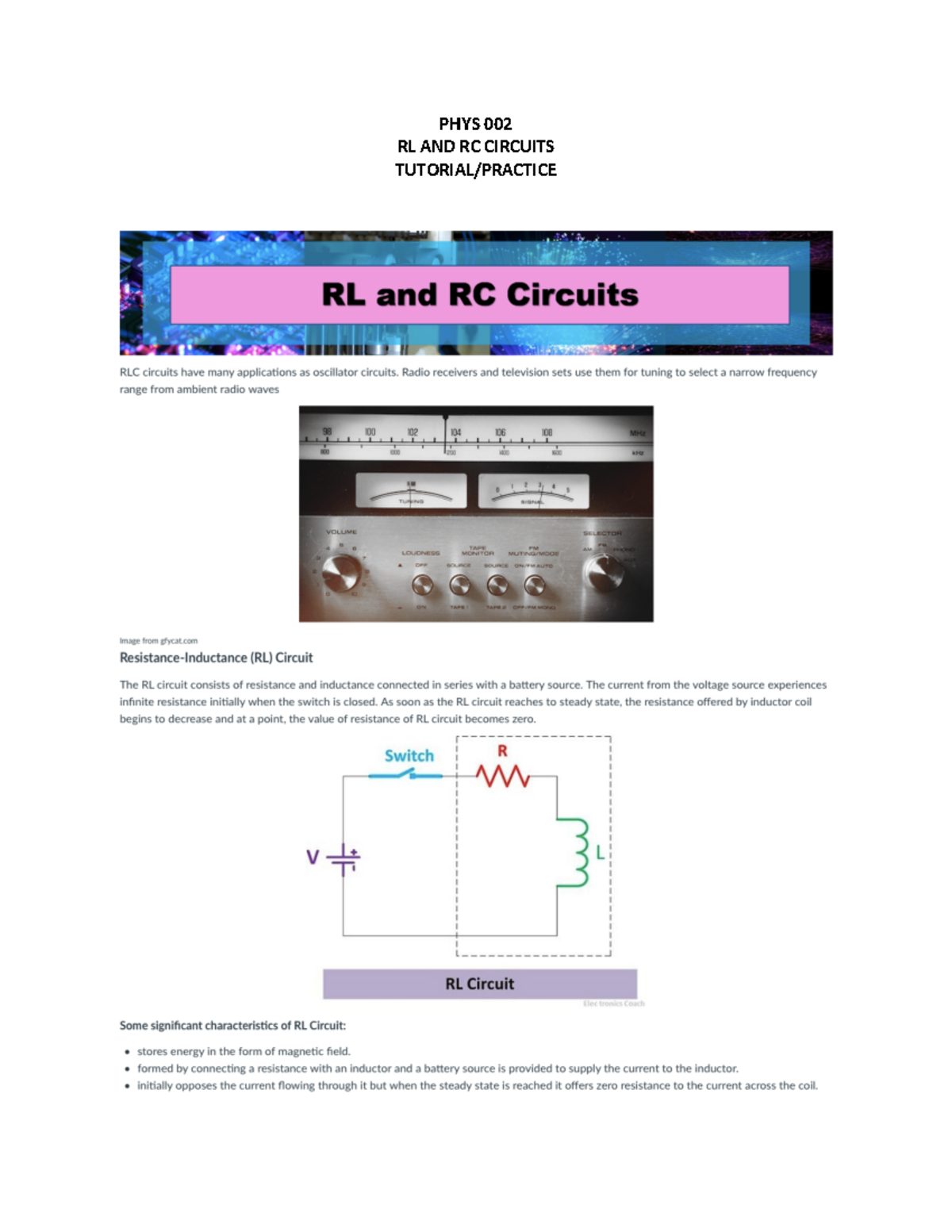 PHYS 002. RL AND RC Circuits - Calculus-Based Physics 2 - PHYS 002 RL AND RC CIRCUITS - Studocu
