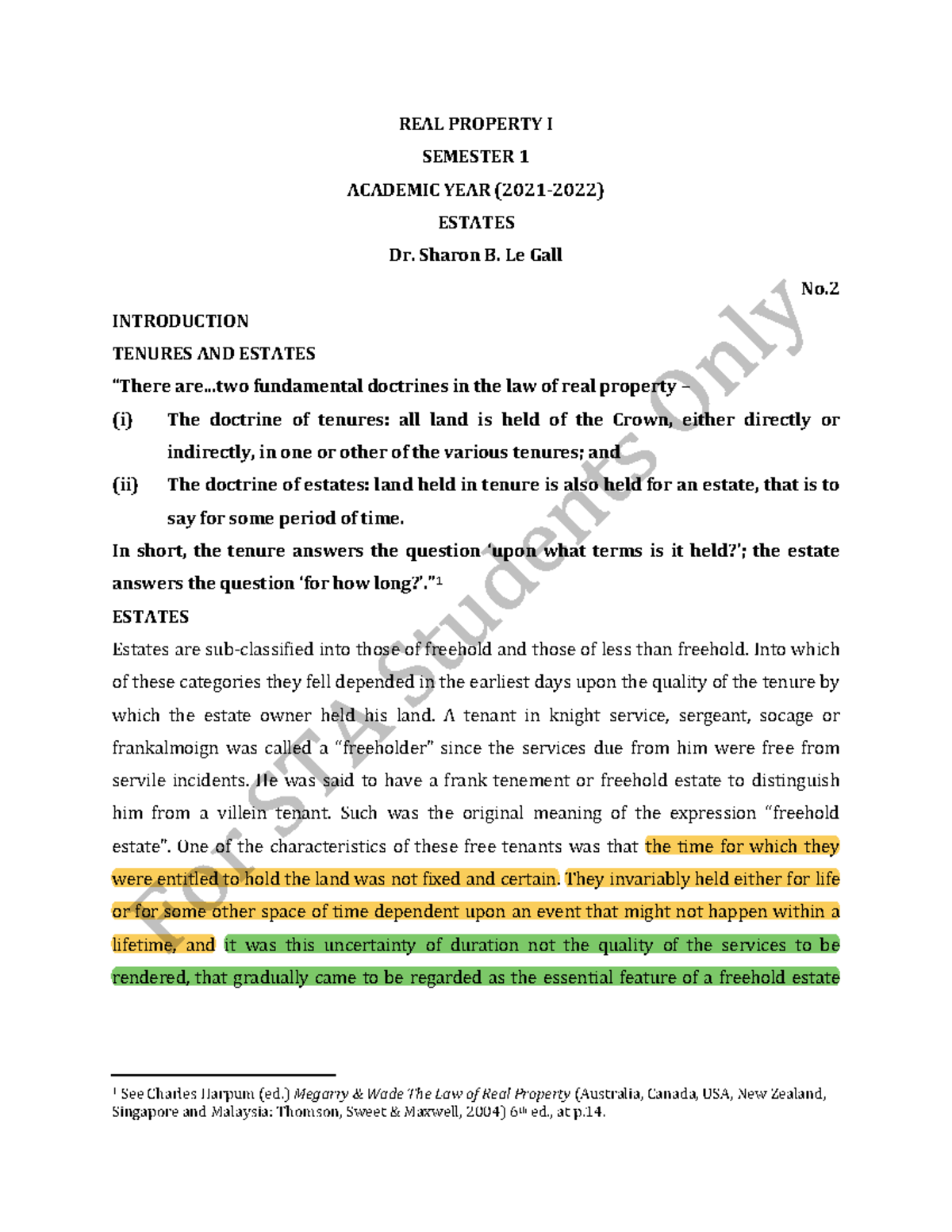 2021 RP I Estates - LECTURE NOTES - REAL PROPERTY I SEMESTER 1 ACADEMIC ...