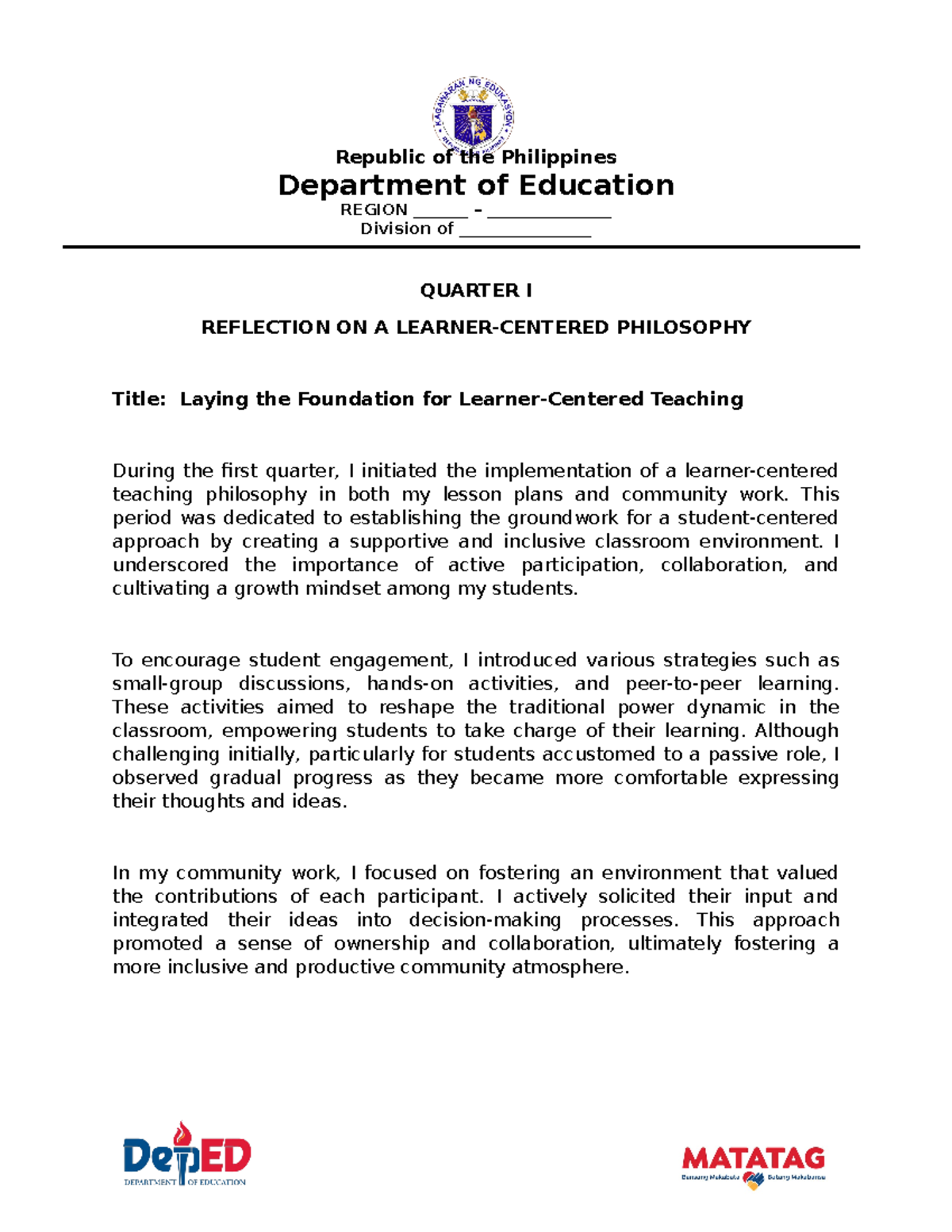 23. Reflection ON Learner- Centered Philosophy TI-III Sample- Objective ...