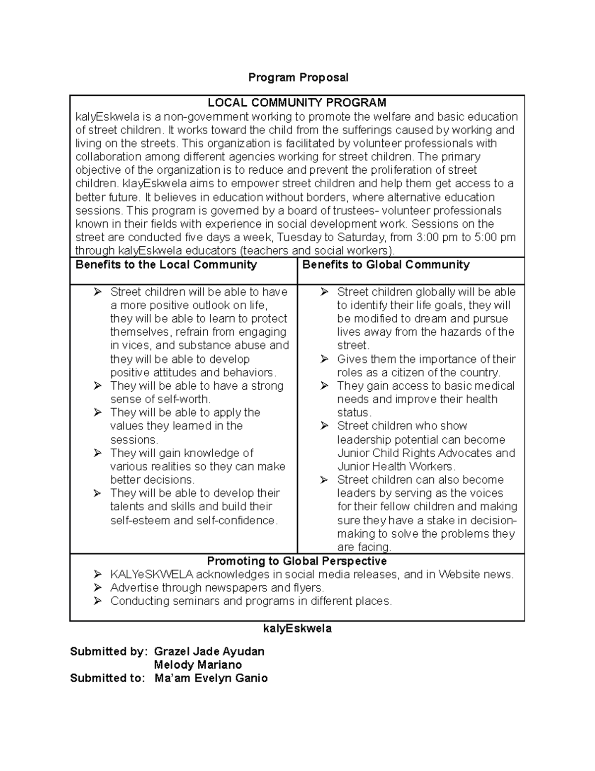 Kaly Eskwela - project proposal - Program Proposal LOCAL COMMUNITY ...