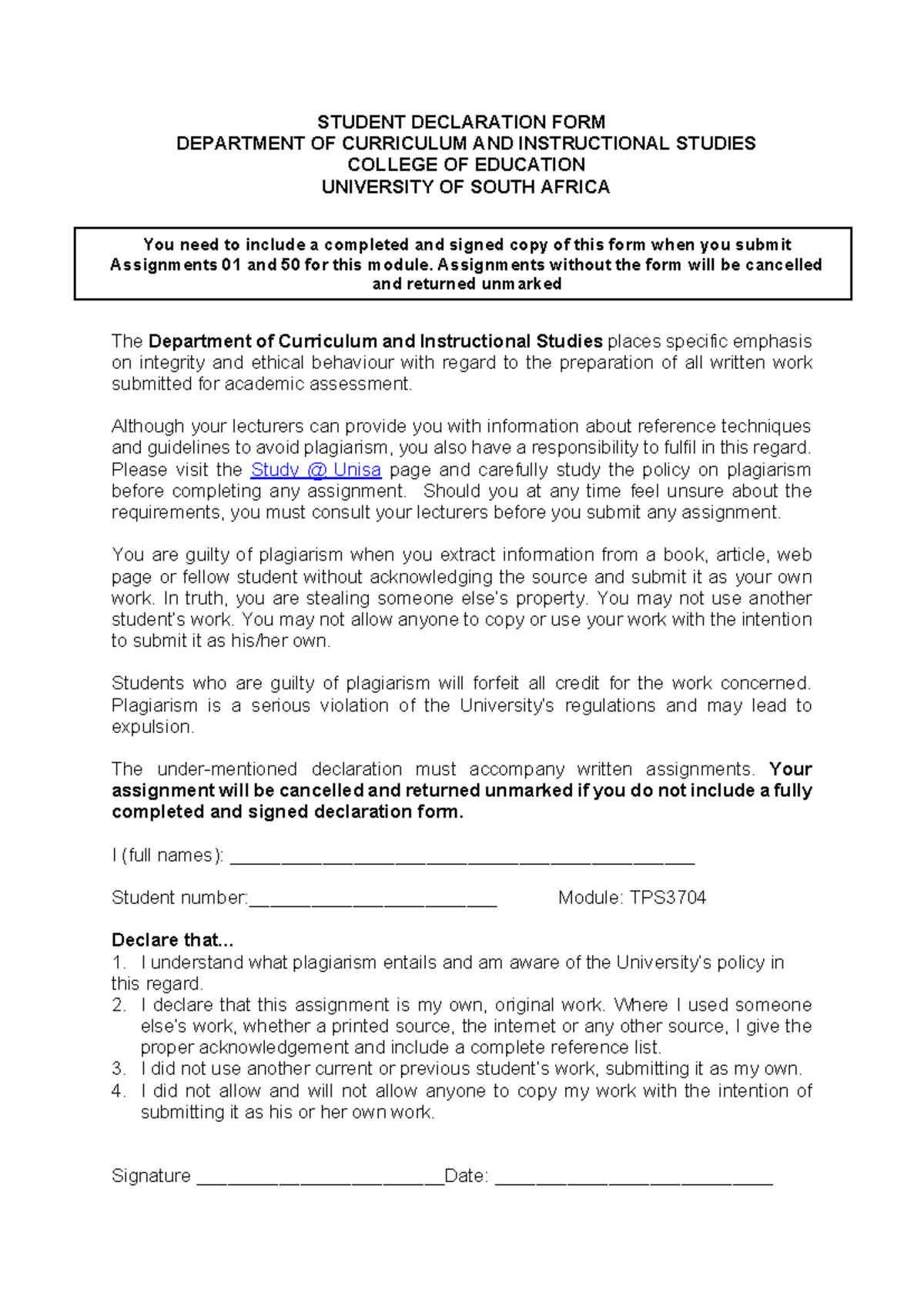 Assignment 1 pdf - GFGF - STUDENT DECLARATION FORM DEPARTMENT OF CURRICULUM AND INSTRUCTIONAL ...