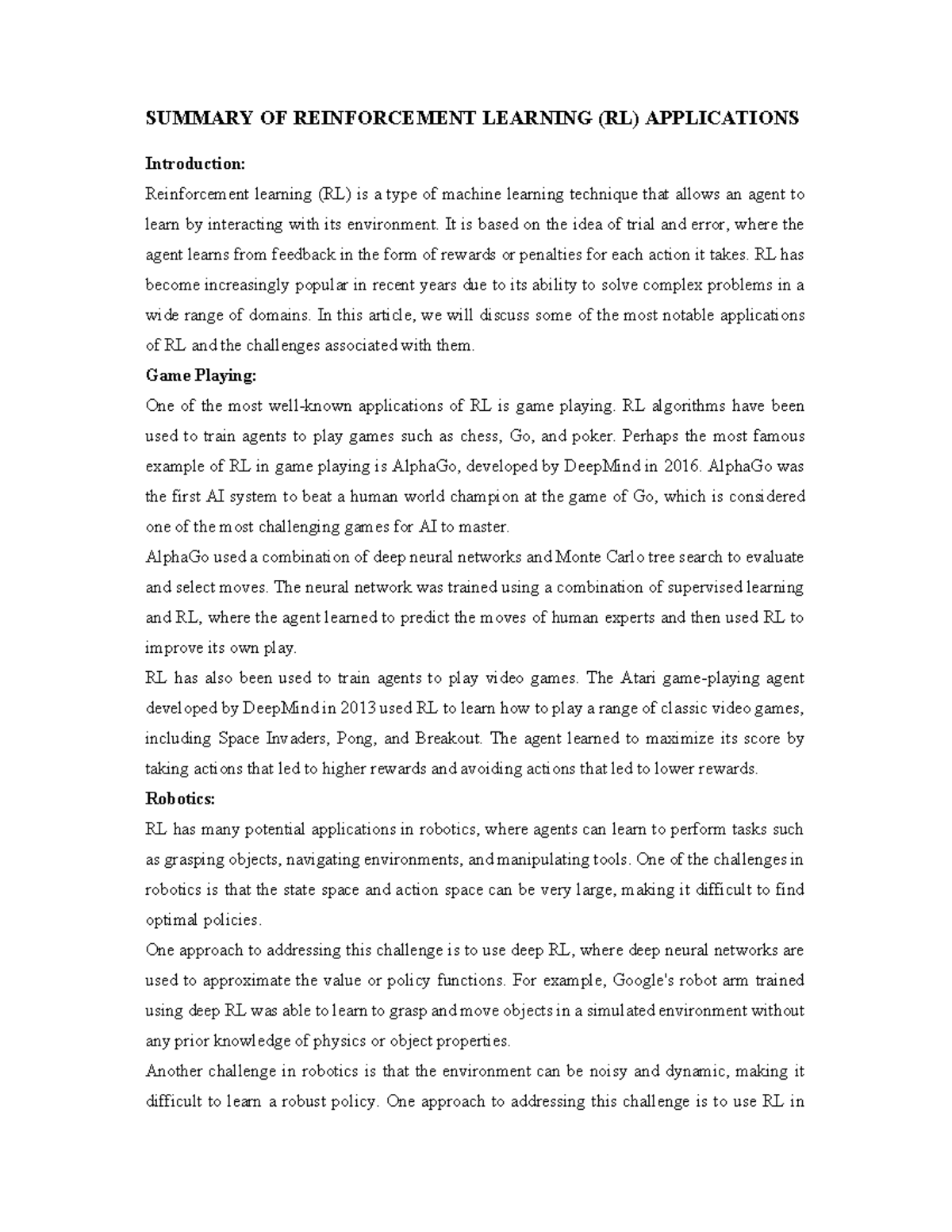 Summary of Reinforcement Learning (RL) Applications - SUMMARY OF ...