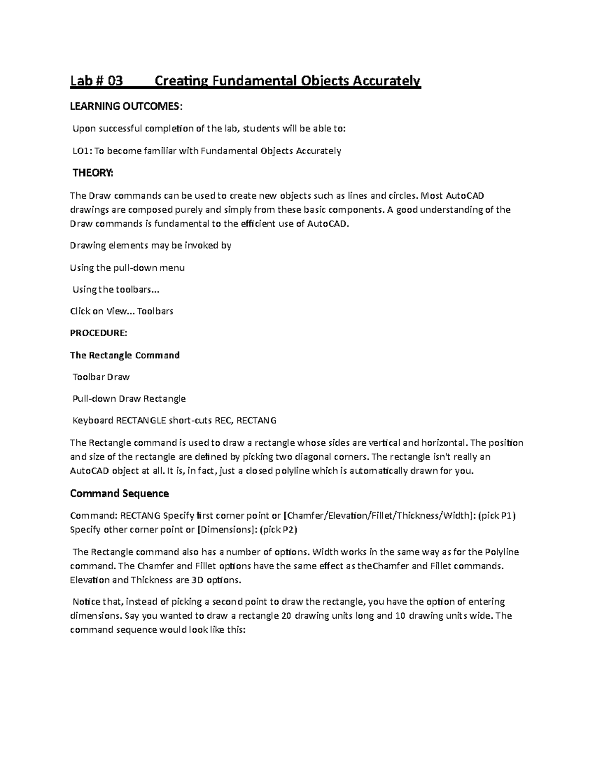 Cad lab 3 - practice - Lab # 03 Creating Fundamental Objects Accurately LEARNING OUTCOMES: Upon ...
