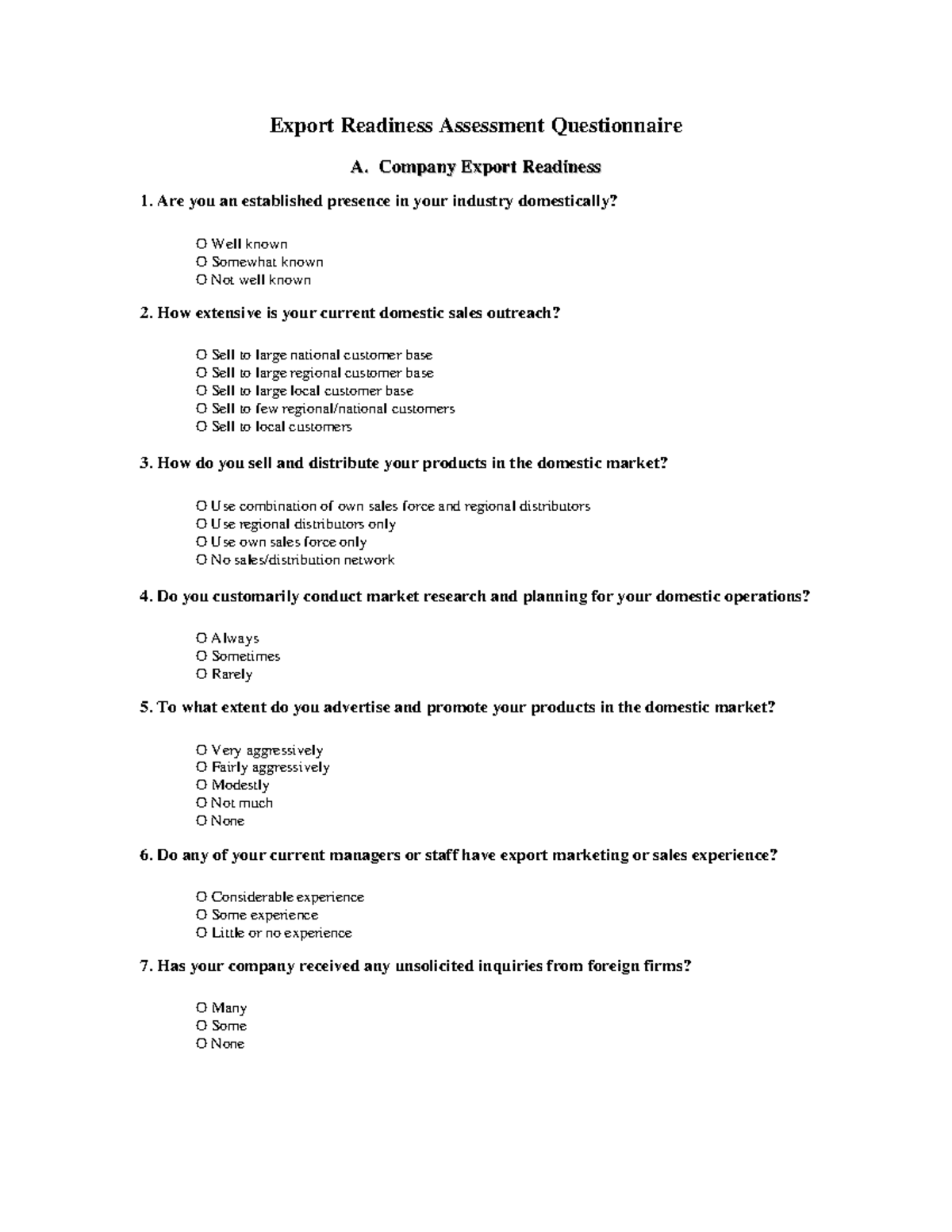 Export-Readiness - Export Readiness Assessment Questionnaire A A ...