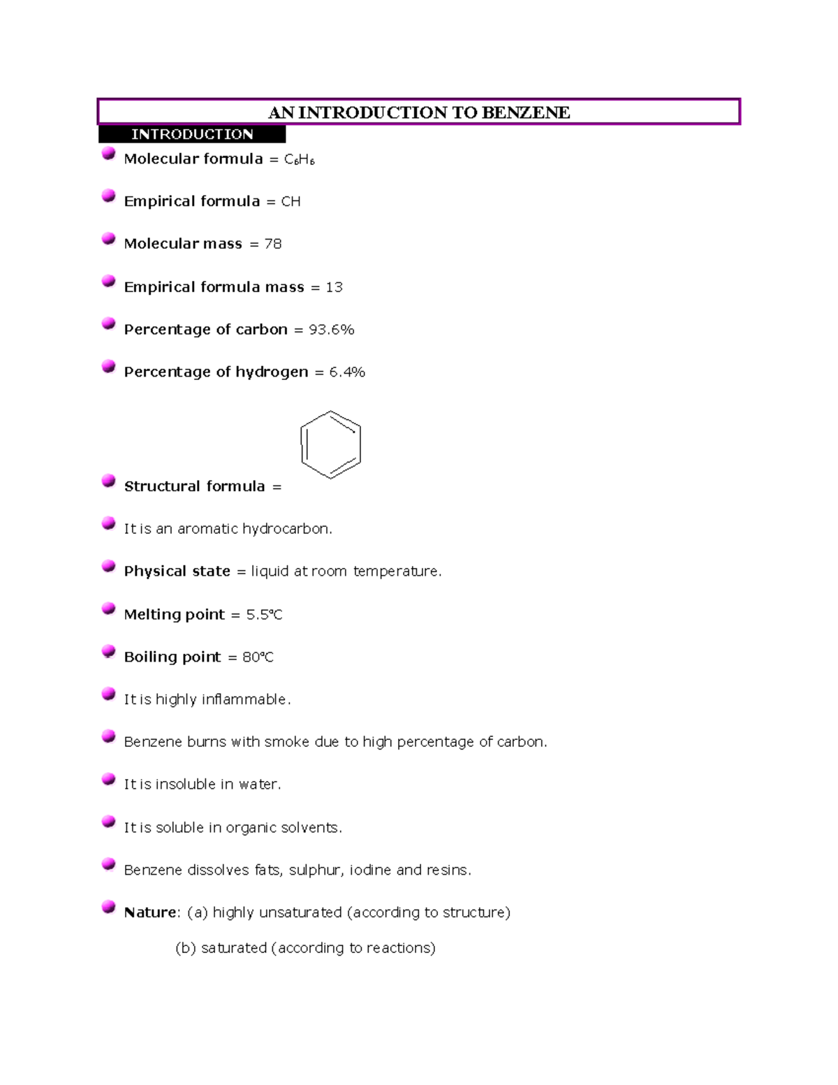 AN Introduction TO Benzene - AN INTRODUCTION TO BENZENE INTRODUCTION ...