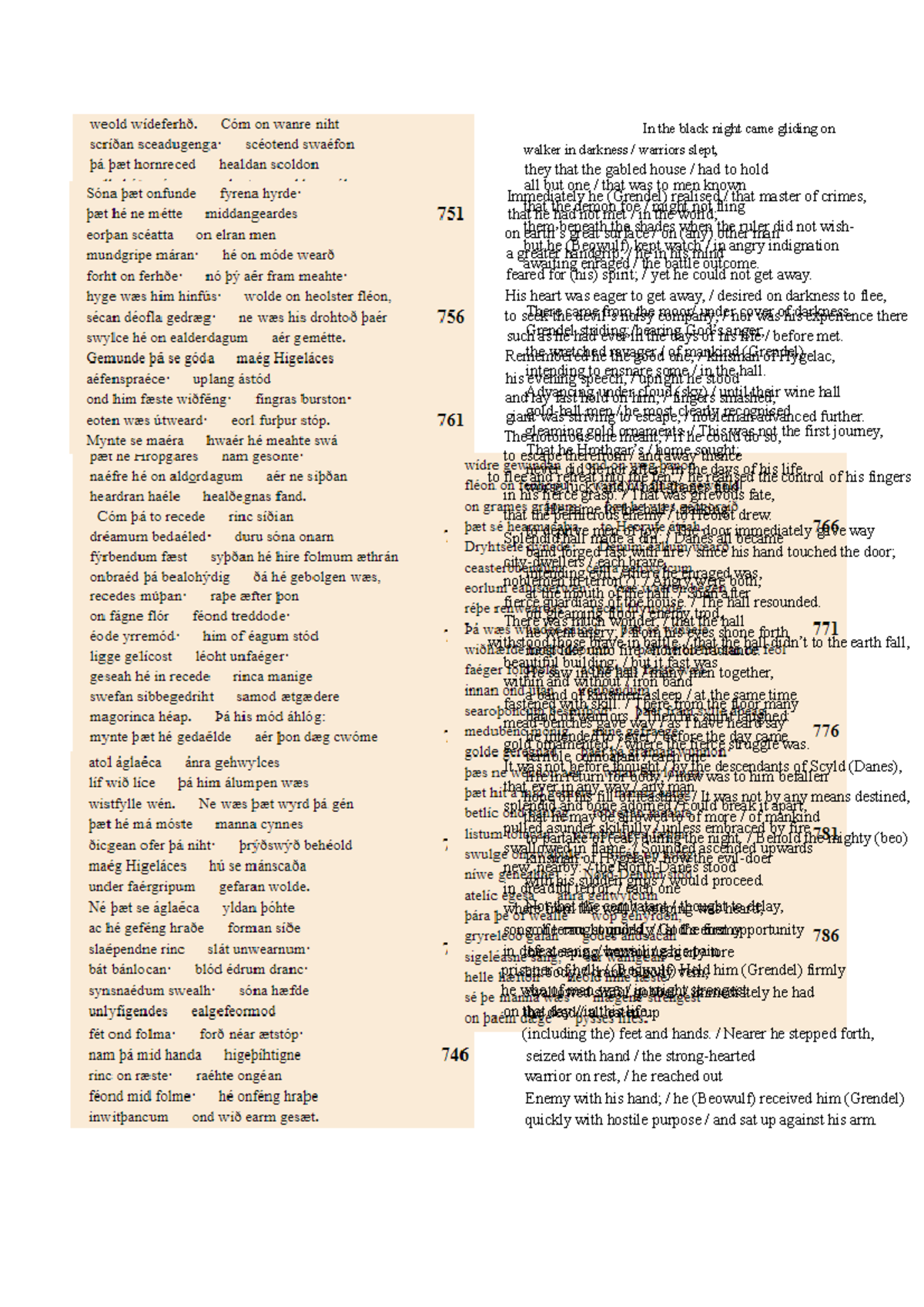 Beowulf translation, lines 701-790 - In the black night came gliding on ...
