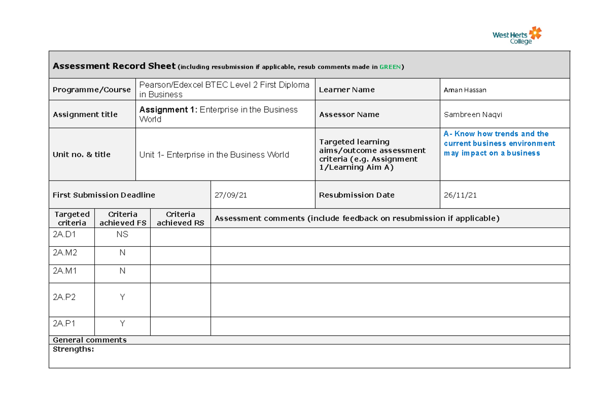 My cover sheet template - Assessment Record Sheet (including ...